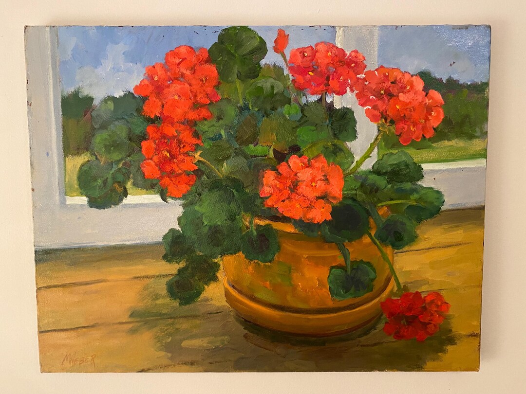 Floral Geraniums Still Life Painting: Martha E. Weber Oil on Canvas ...