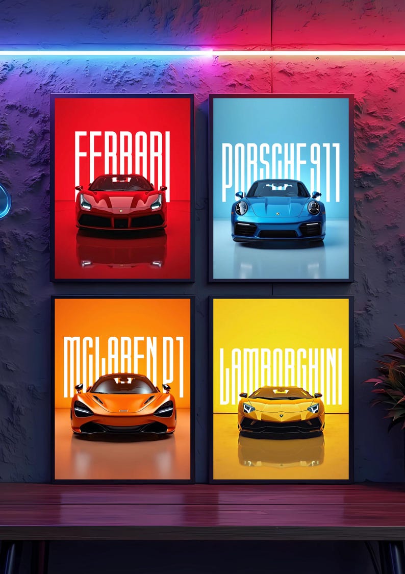 Supercar Digital Poster Set of 4 – Sports Car Wall Art Prints – Racing ...