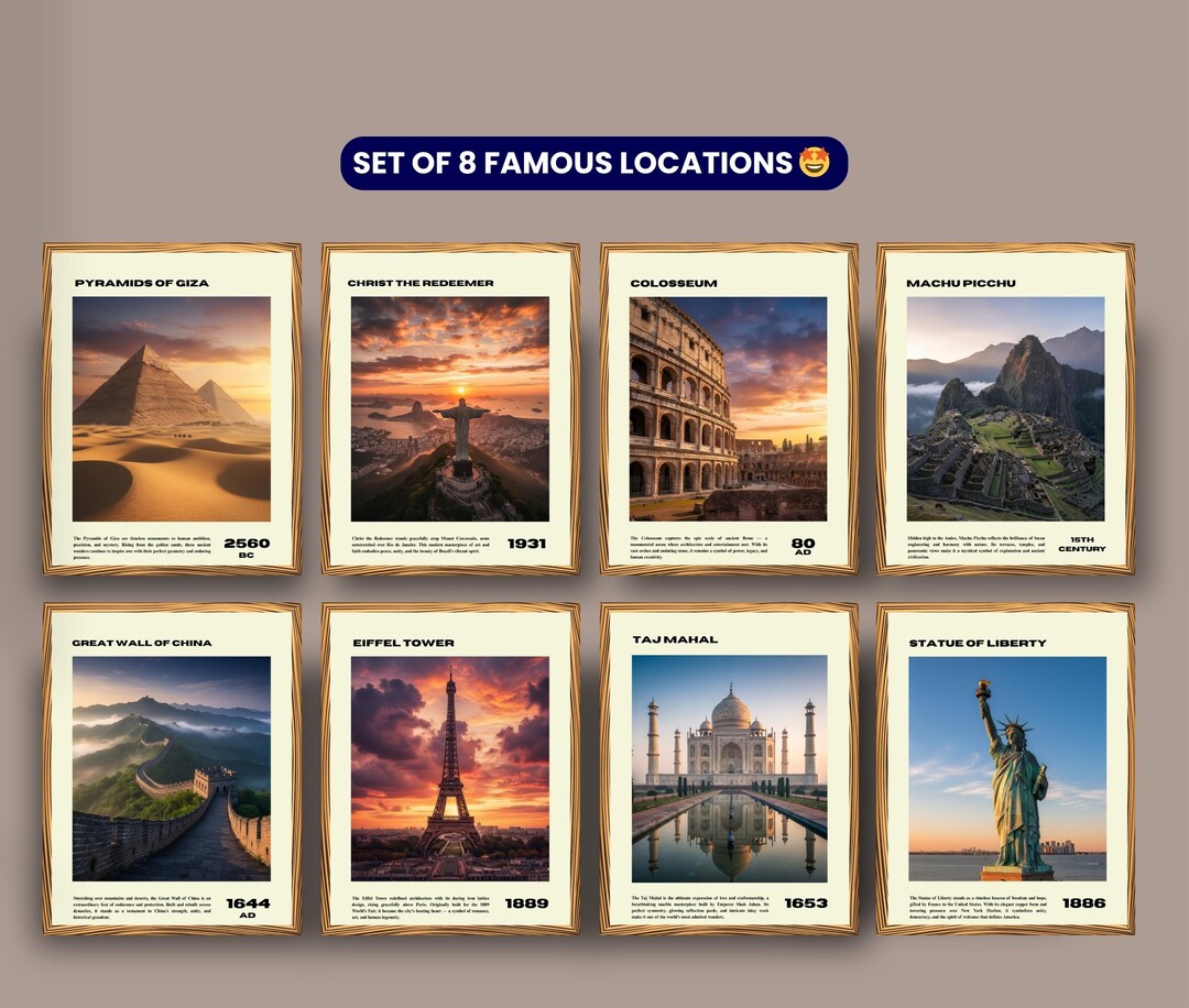 Set of 8 Landmarks Prints | Famous Travel Posters Bundle | Iconic ...