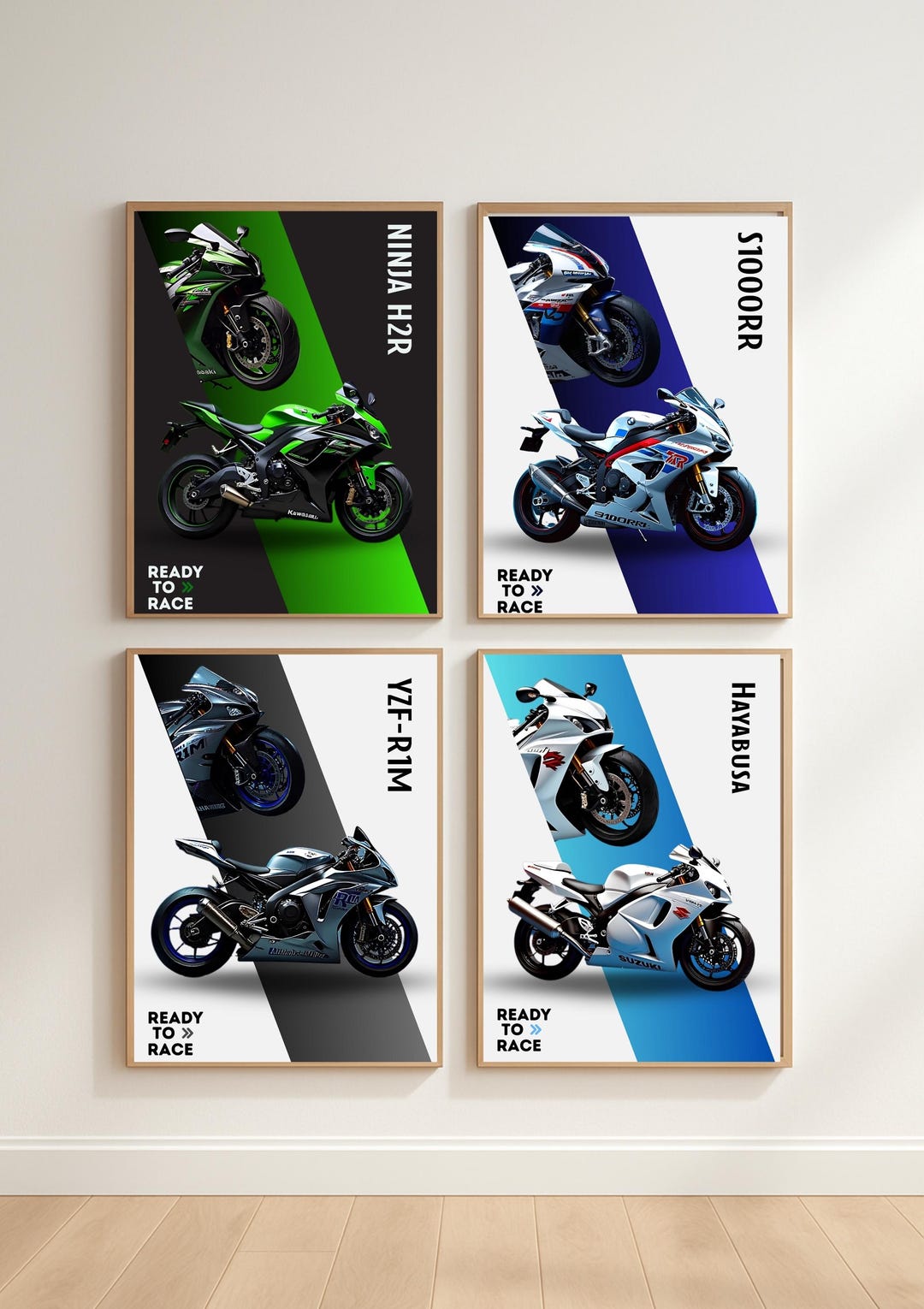 Motorcycle Poster Set of 4: Superbike Art, Yamaha, Kawasaki, Suzuki ...