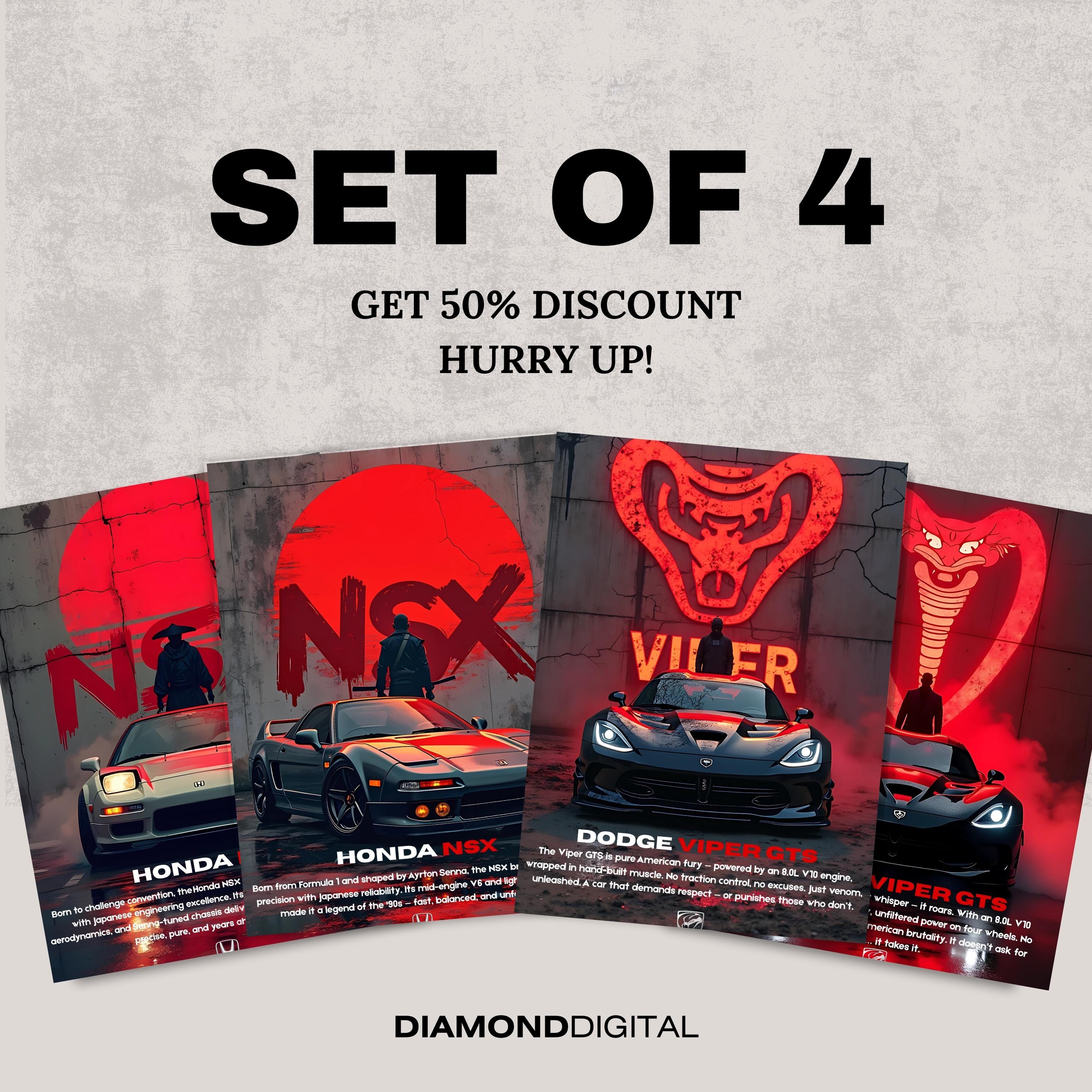 Set of 4 JDM & Muscle Car Posters | Honda NSX, Dodge Viper GTS Wall Art ...