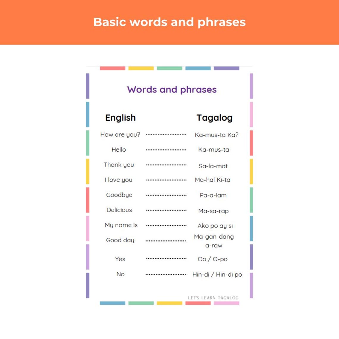 Learn Basic Tagalog Words for Kids - Etsy