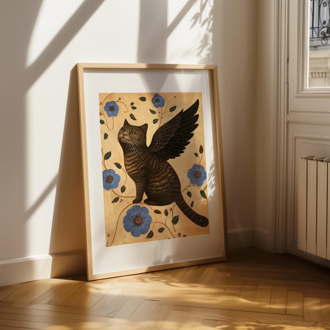 Fantasy Cat Wall Art – Winged Cat Print, Whimsical Animal Poster ...