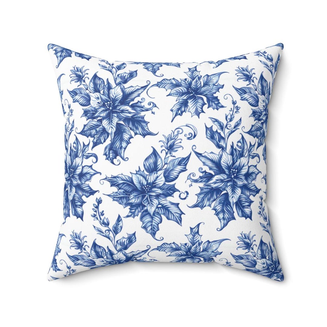 Blue Toile Christmas Accent Pillow - Poinsettia Chinoiserie Decorative ...