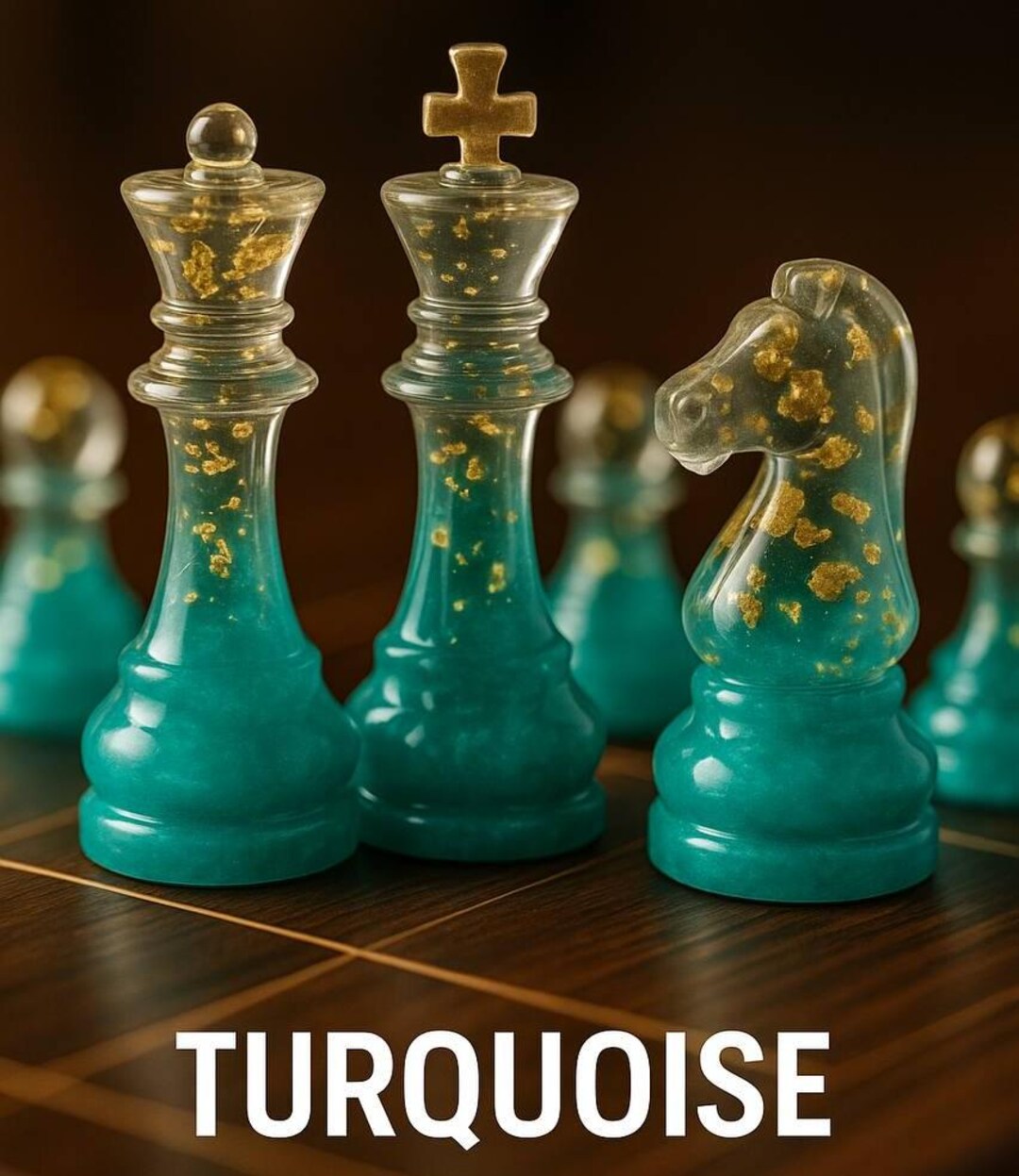 Custom Made Turquoise Resin Chess Set – Clear Tops With Gold Flakes ...