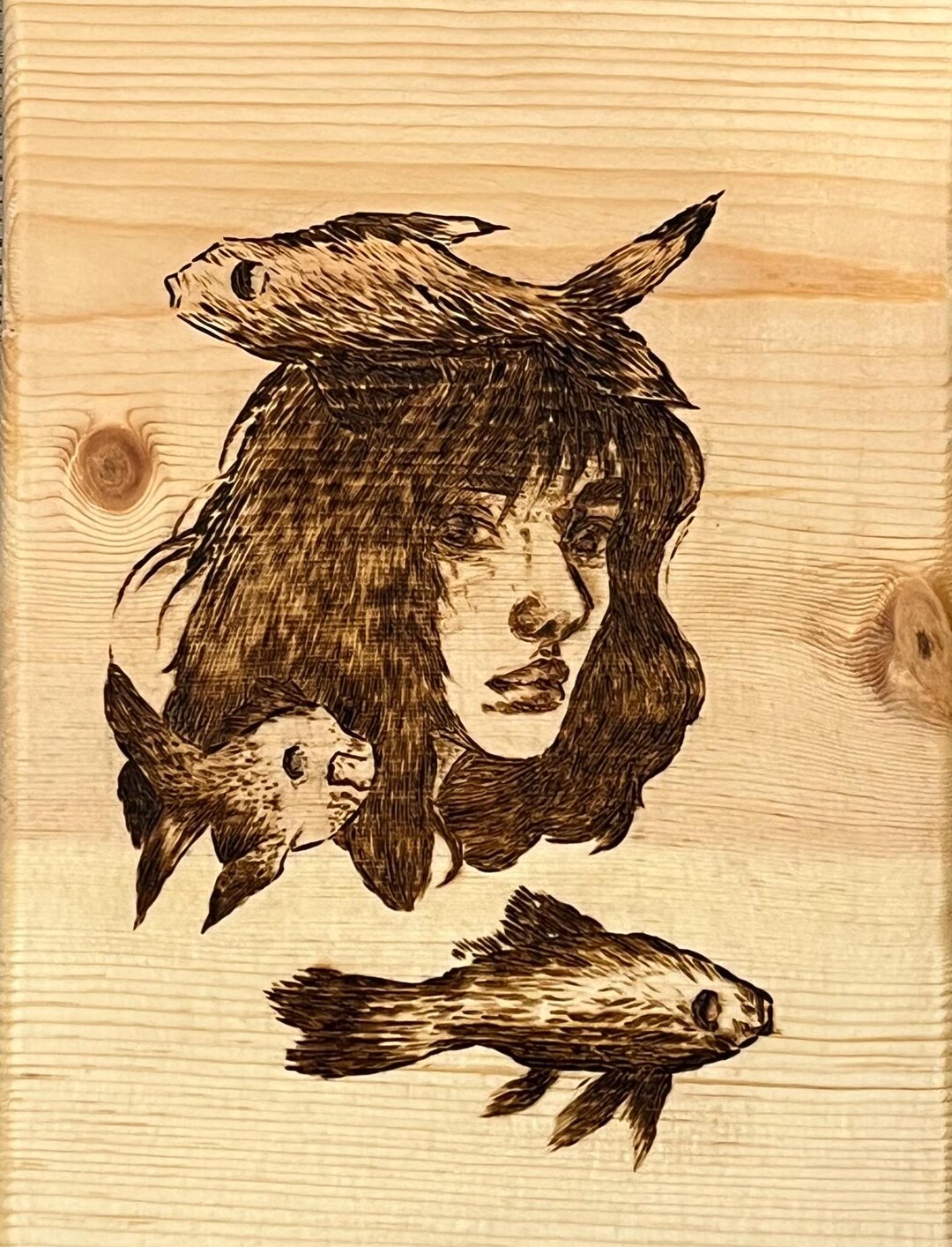 Surreal Woman & Fish Pyrography - Custom Woodburned Art - Engraved ...