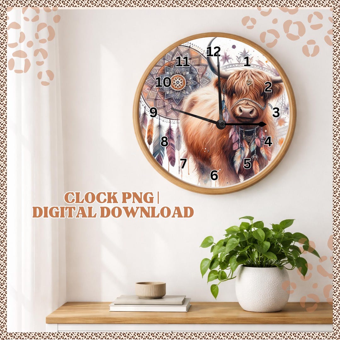 Clock Design Png, Highland Cow , Clock Sublimation, Boho Image , Pastel ...
