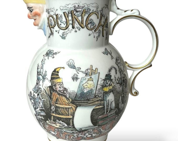 1986 Coalport Punch Jug Pitcher 3D Jester Face Gilded Bone China 6 ...