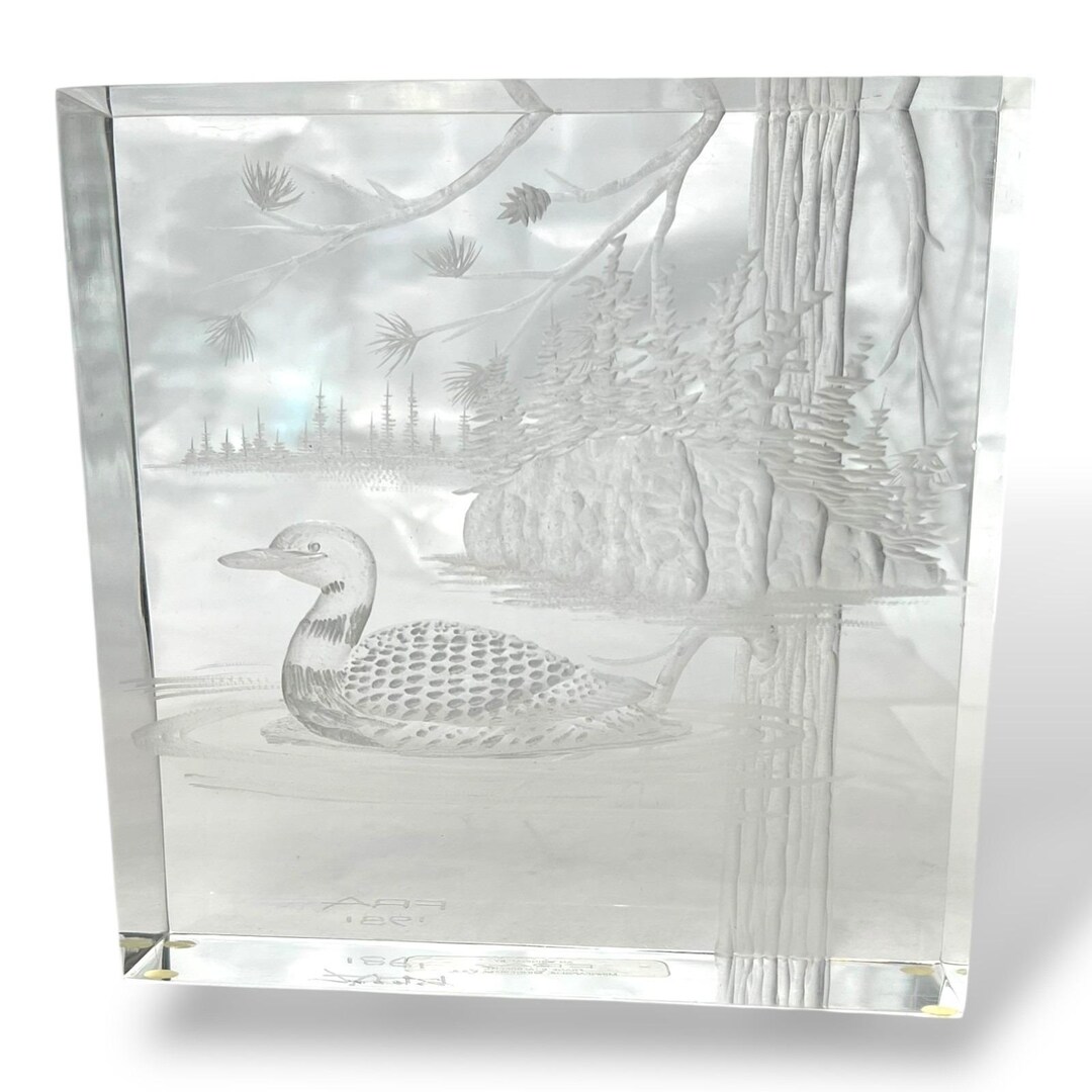 1981 Frank Albrecht Signed 3D Clear Lucite Etched Loon Square Sculpture ...