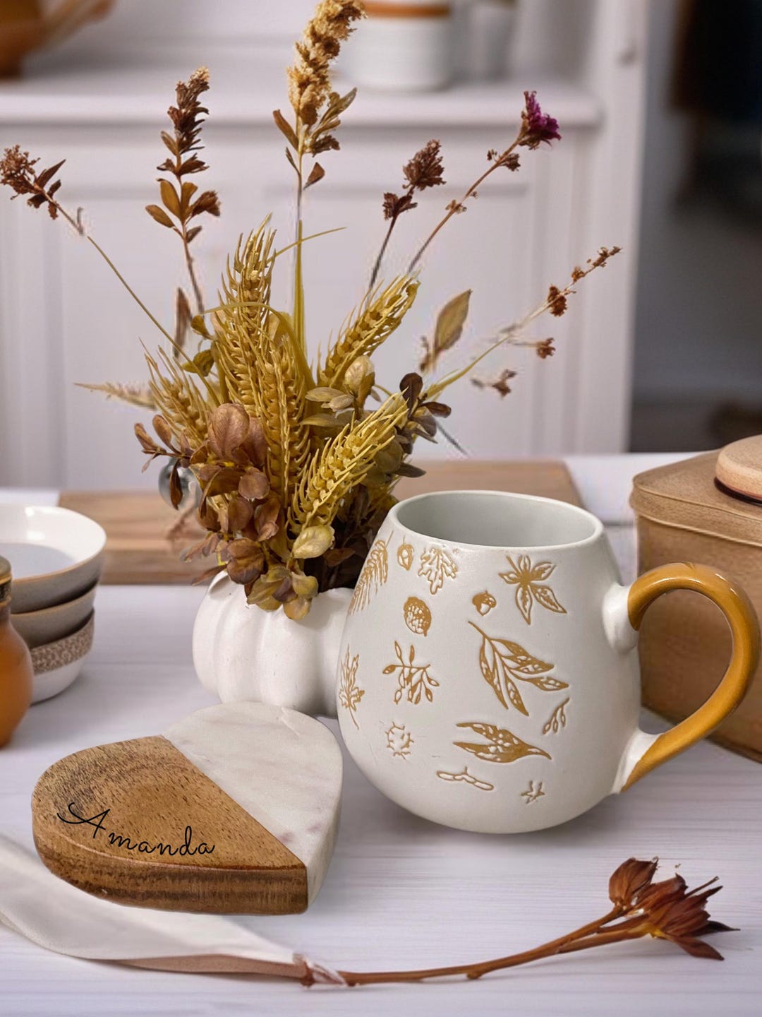 Fall Leaves Coffee Mug Set: Personalized Marble Wood Coaster, Jumbo ...