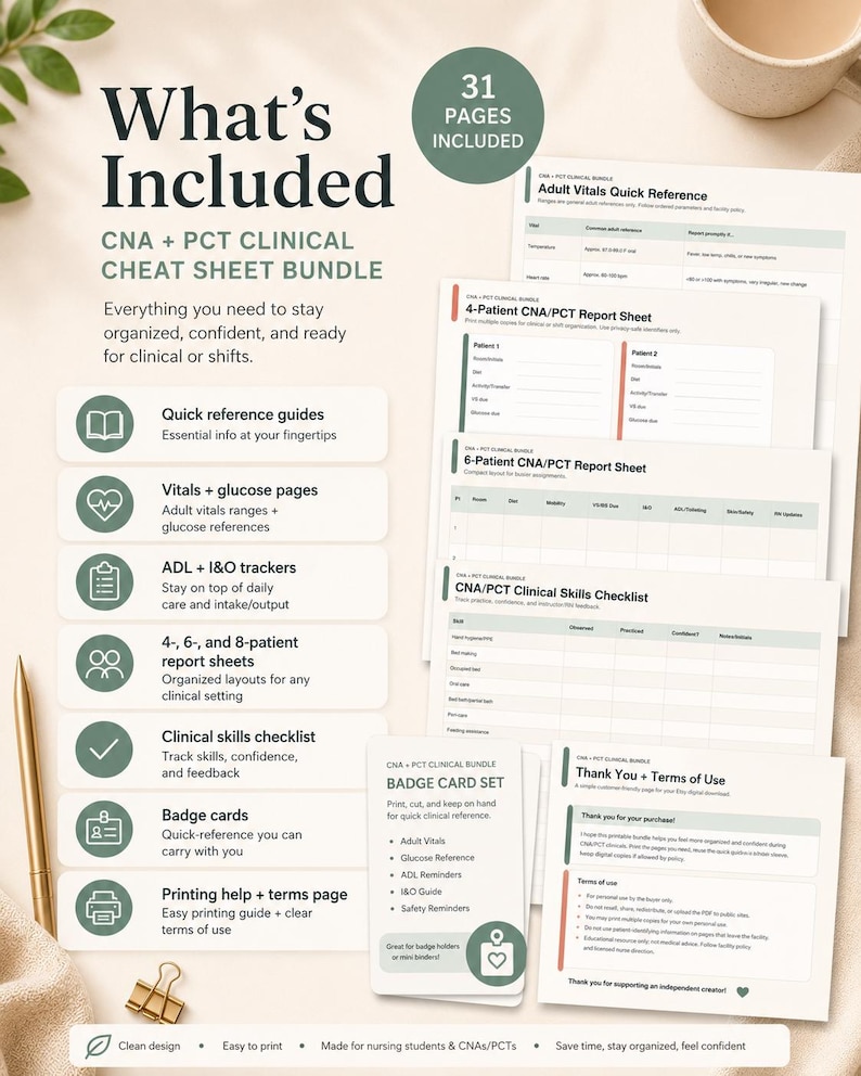 CNA Clinical Cheat Sheet Bundle | Nurse Aide Brain Sheet Vitals & ADL ...
