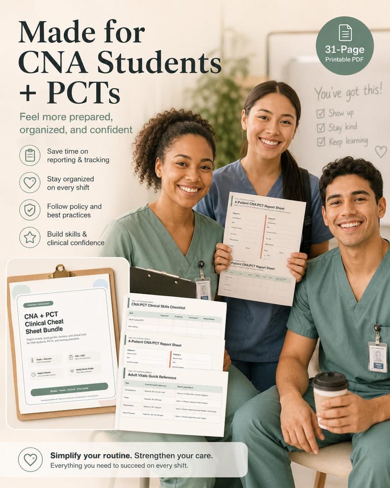 CNA Clinical Cheat Sheet Bundle | Nurse Aide Brain Sheet Vitals & ADL ...