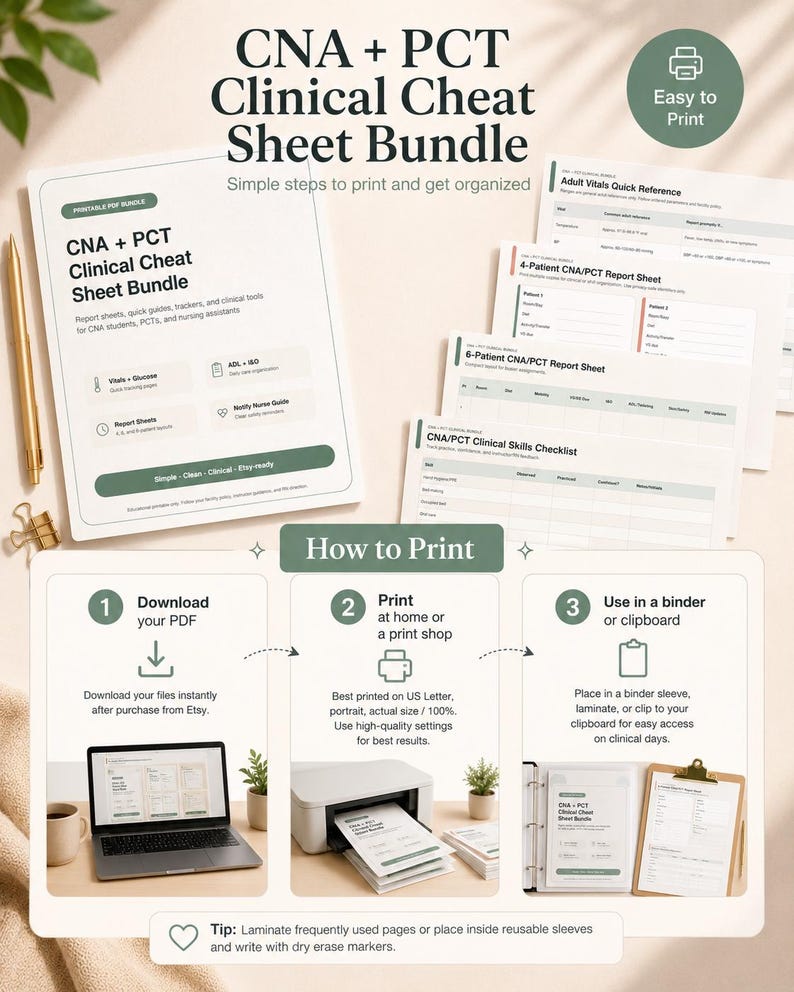 CNA Clinical Cheat Sheet Bundle | Nurse Aide Brain Sheet Vitals & ADL ...