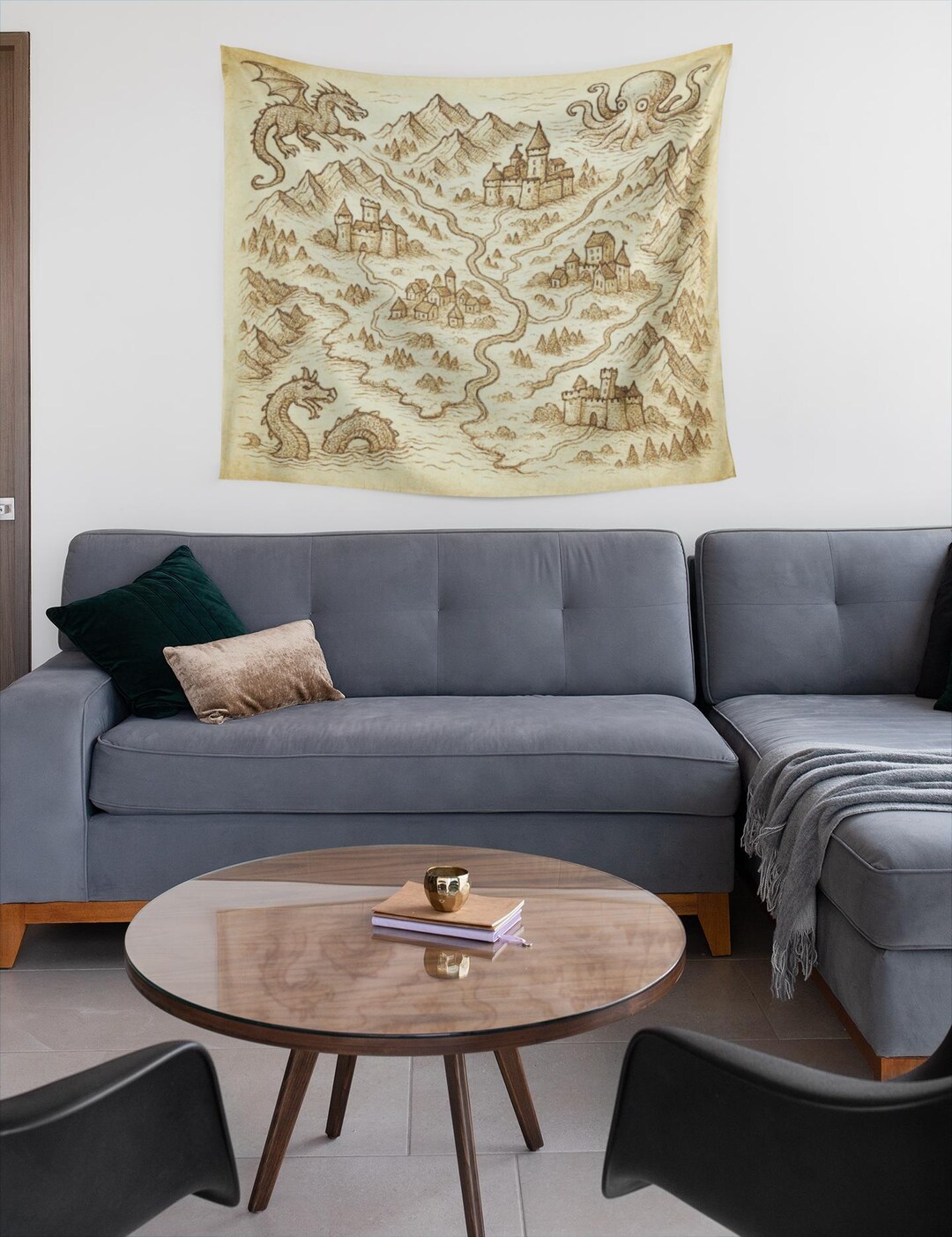 Medieval Tapestry Fantasy Map, Hand Drawn Kingdom With Castles ...