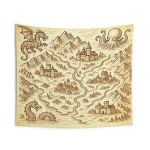 Medieval Tapestry Fantasy Map, Hand Drawn Kingdom With Castles ...