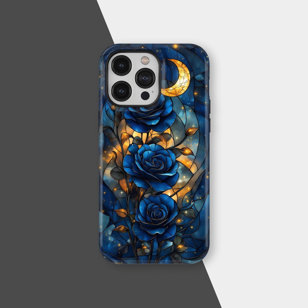 Blue Rose Phone Case, Stained Glass Moon Romantic Floral Design, iPhone ...