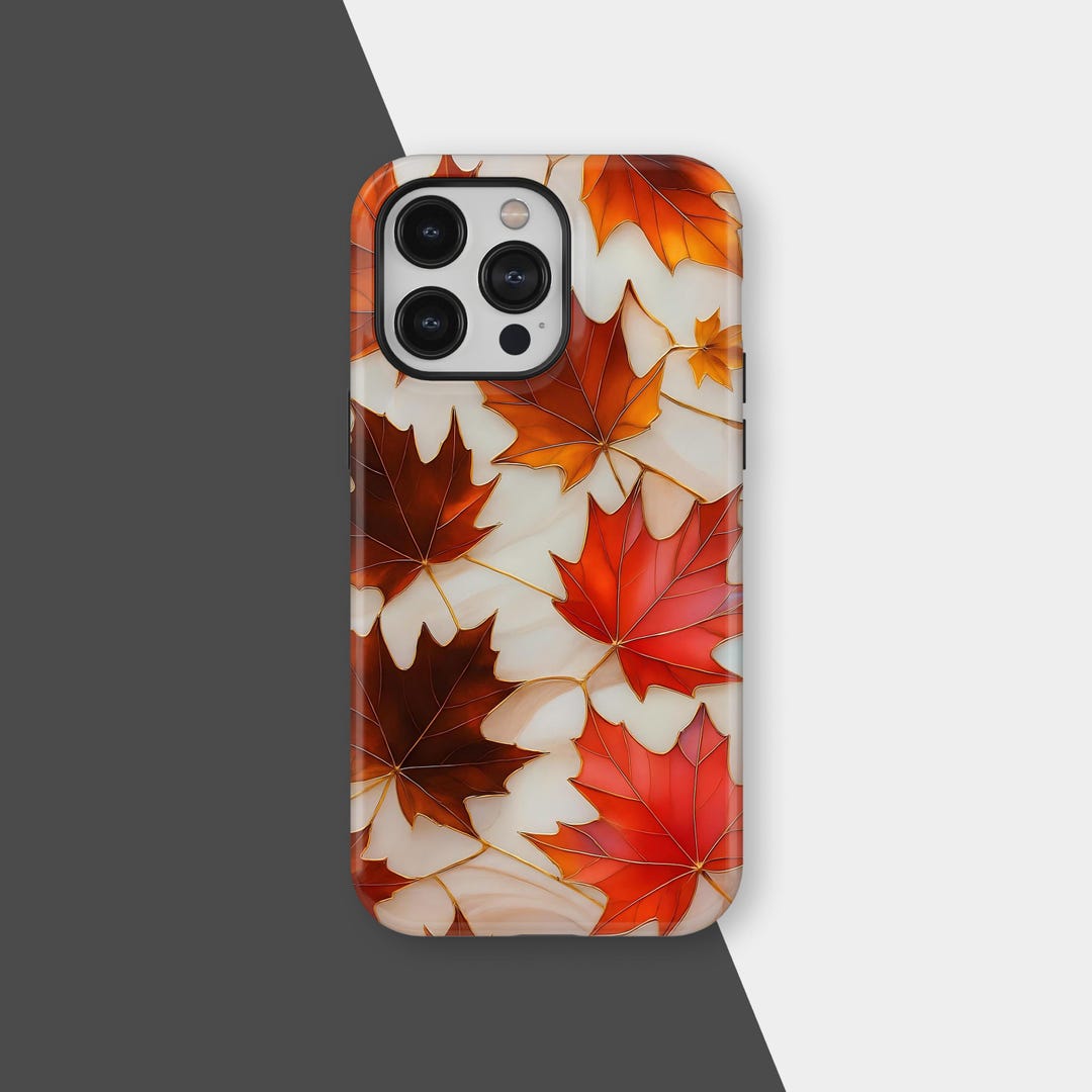 Maple Fall Leaves Aesthetic Stained Glass Phone Case for iPhone 17 16 ...