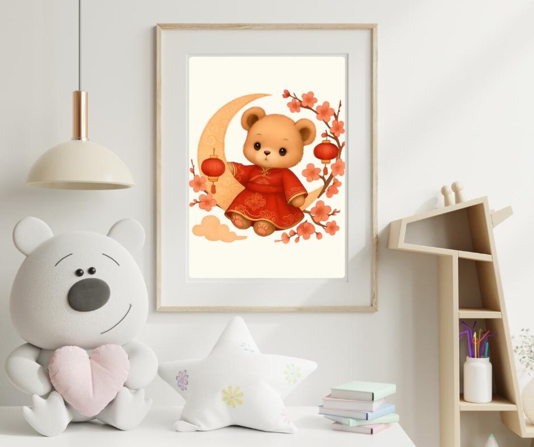 Chinese Teddy Bear Moon Print: Asian Nursery Wall Art (digital Download ...