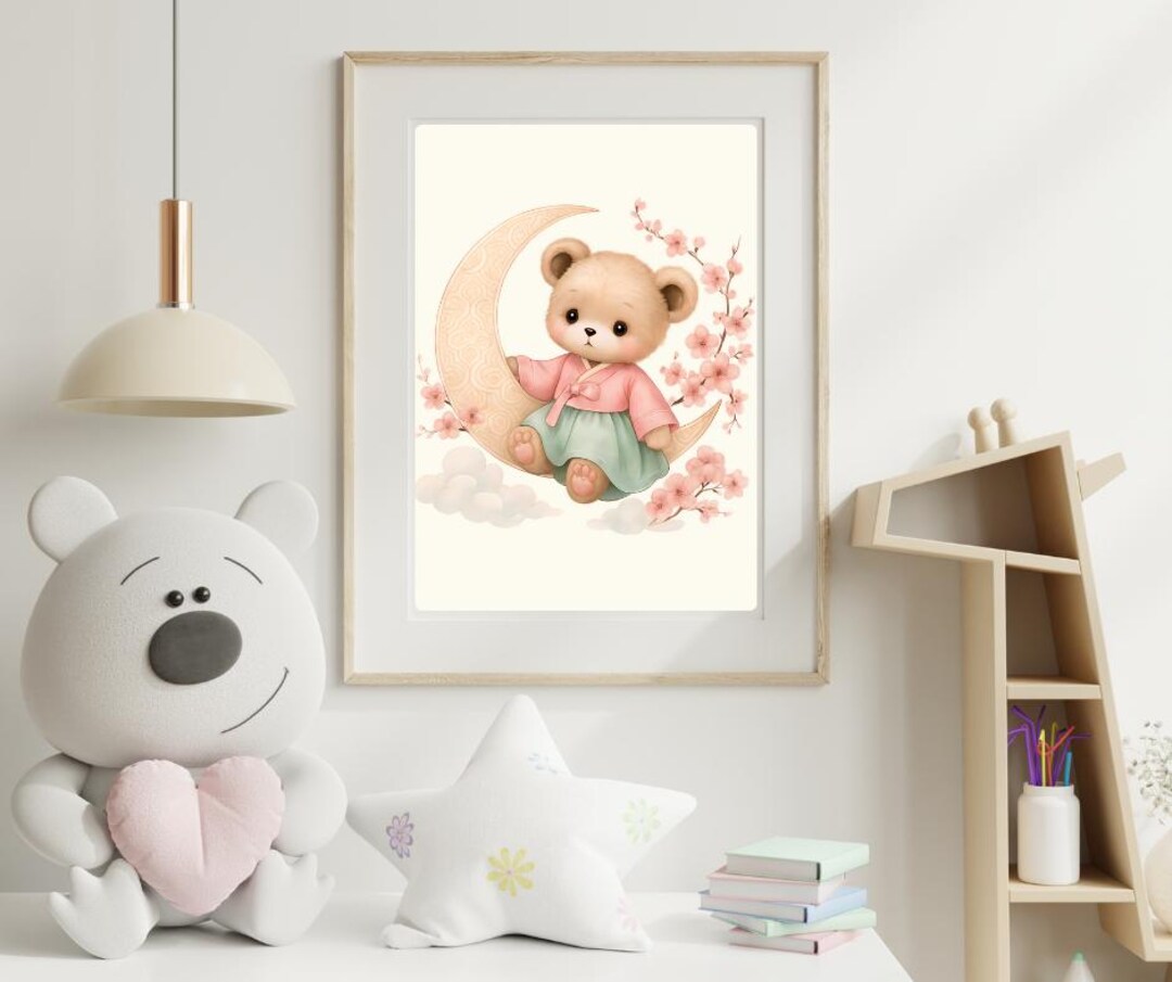 Korean Teddy Bear Moon Print: Asian Nursery Wall Art (digital Download ...