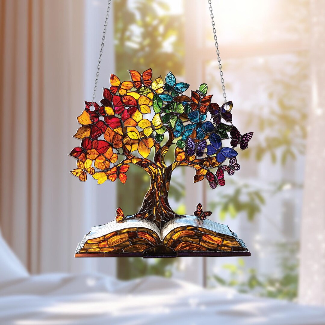 Rainbow Tree of Knowledge Window Hanging, Colorful Book and Butterfly ...