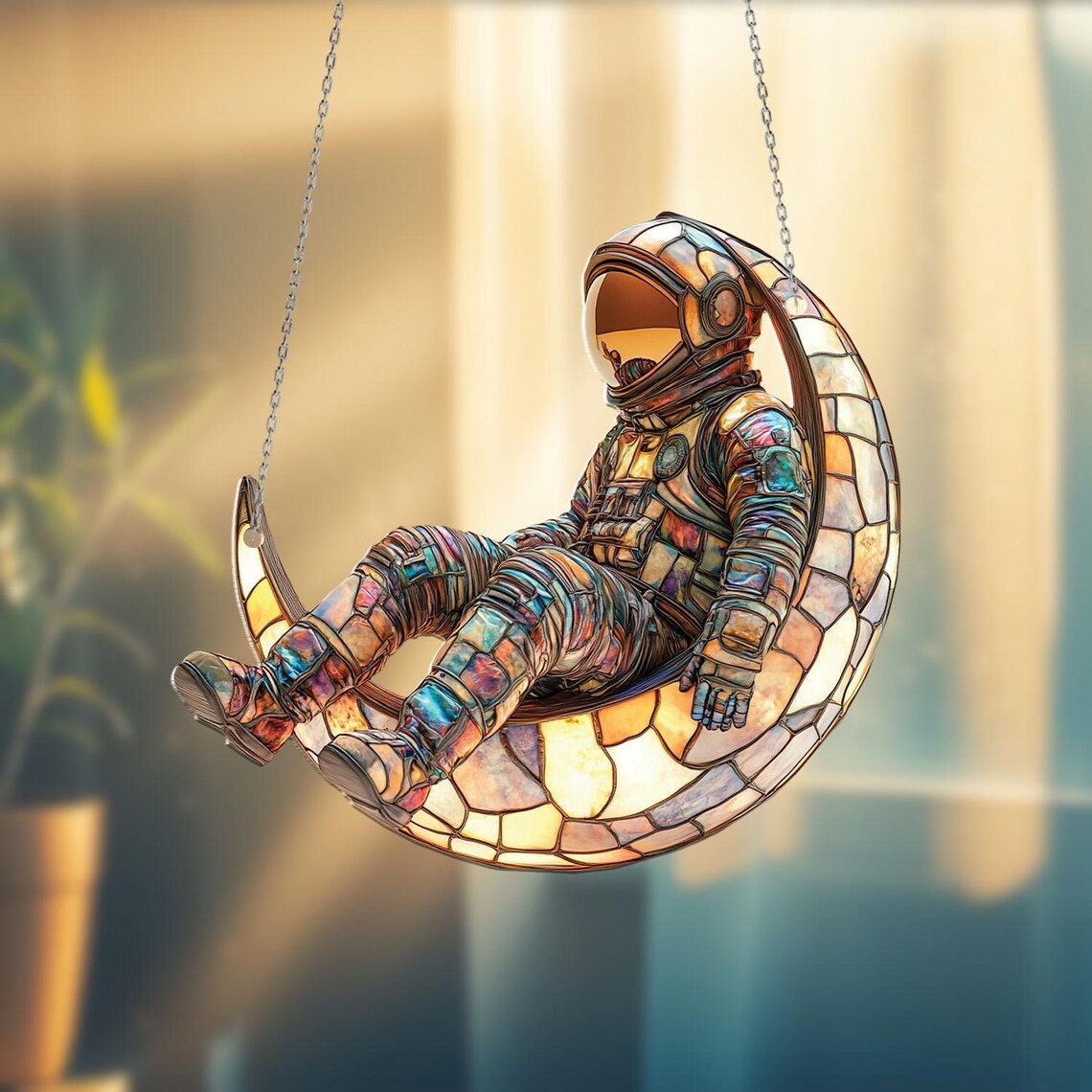 Astronaut on Crescent Moon Window Hanging – Unique Space-inspired Decor ...