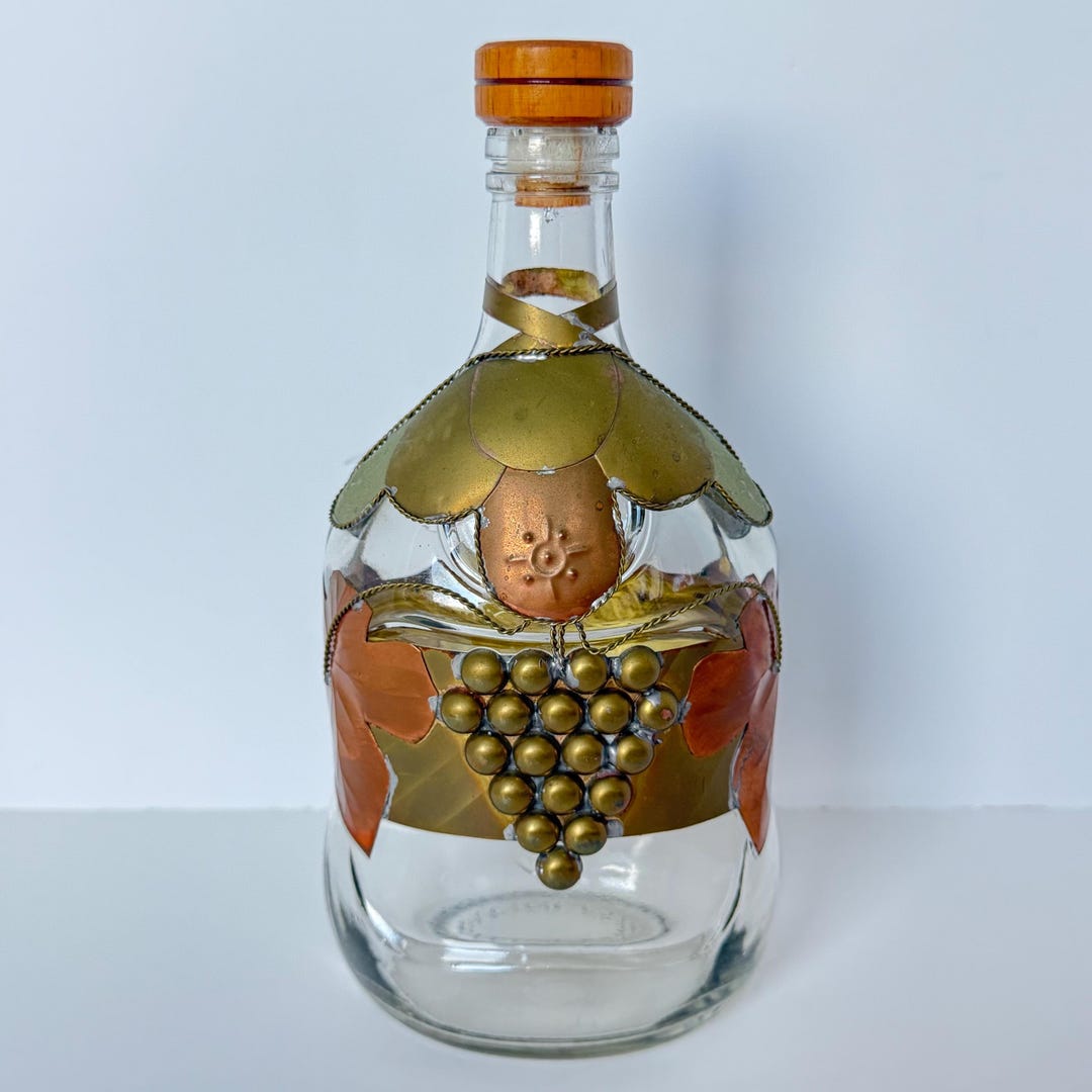 Vintage Glass Decanter With Copper & Brass Grape Vine Overlay Design ...