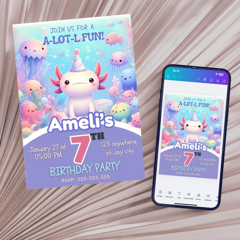 Axolotl Birthday Invitation, Pink Girl Axolotls Invite, Editable ...