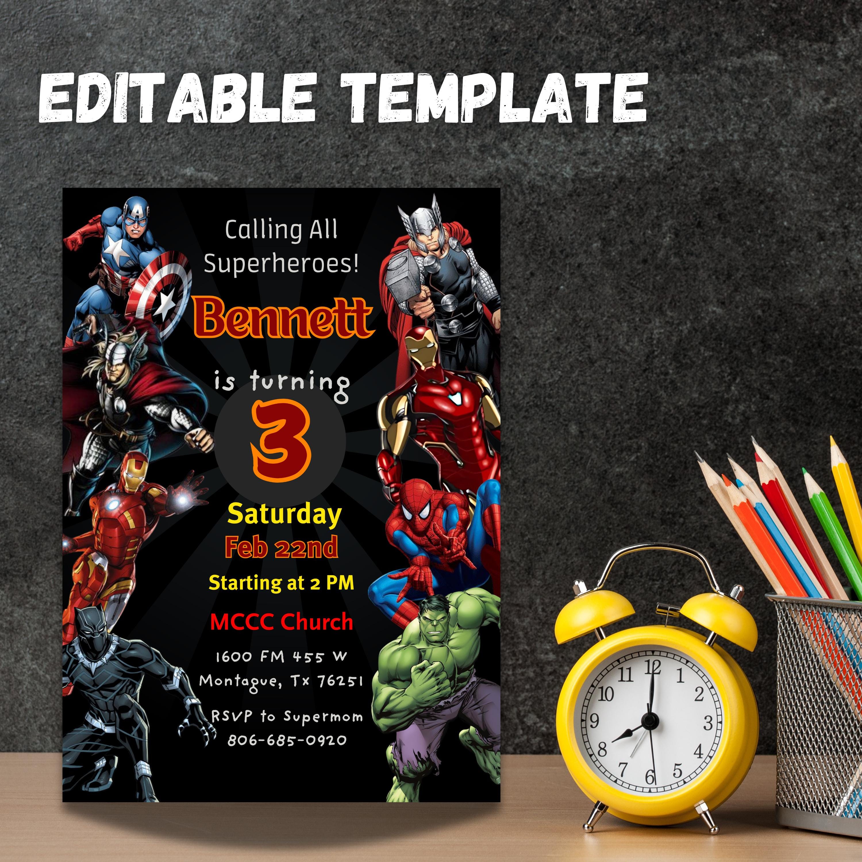 Editable Superheroes Birthday Invitation: Avengers Party Template ...