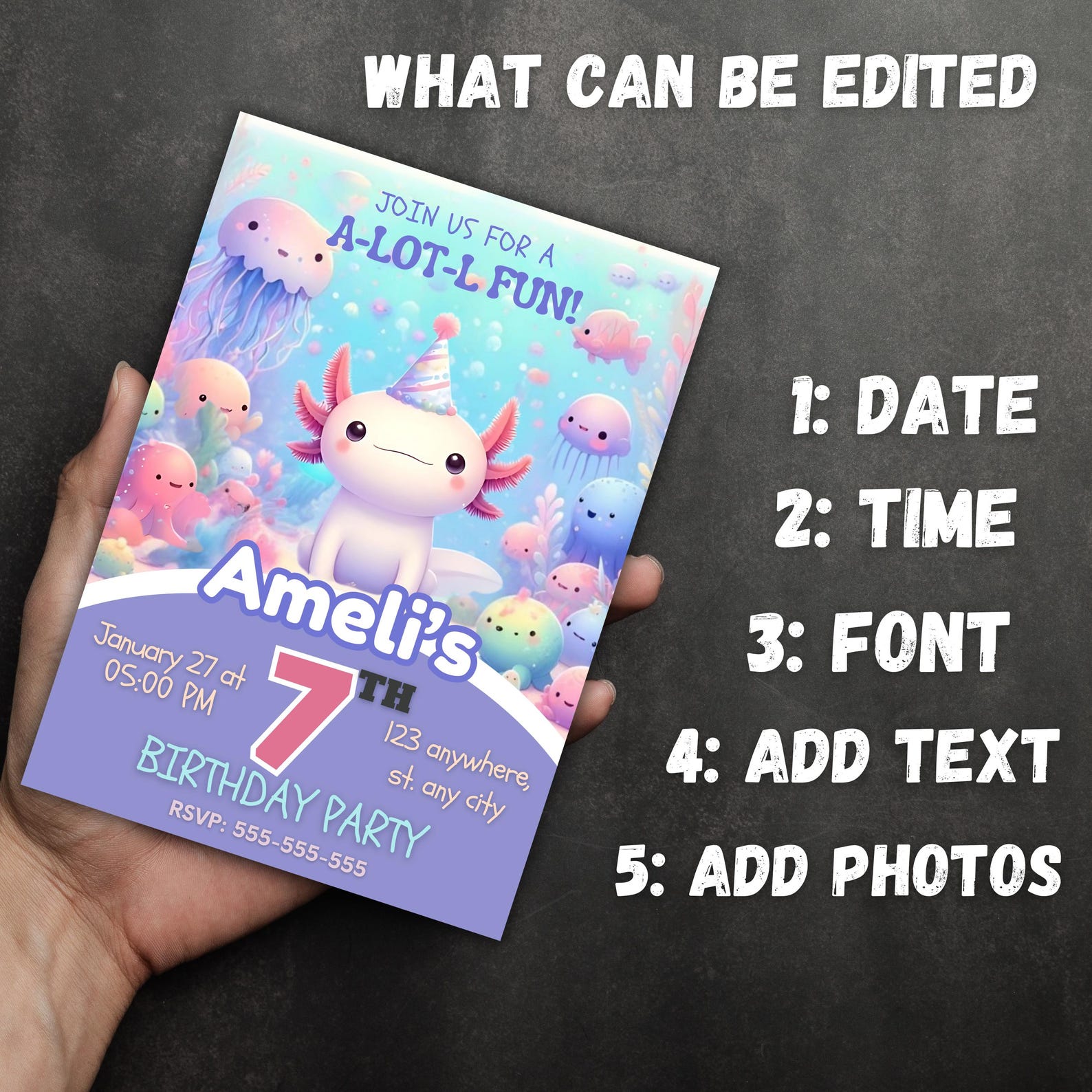 Axolotl Birthday Invitation, Pink Girl Axolotls Invite, Editable ...