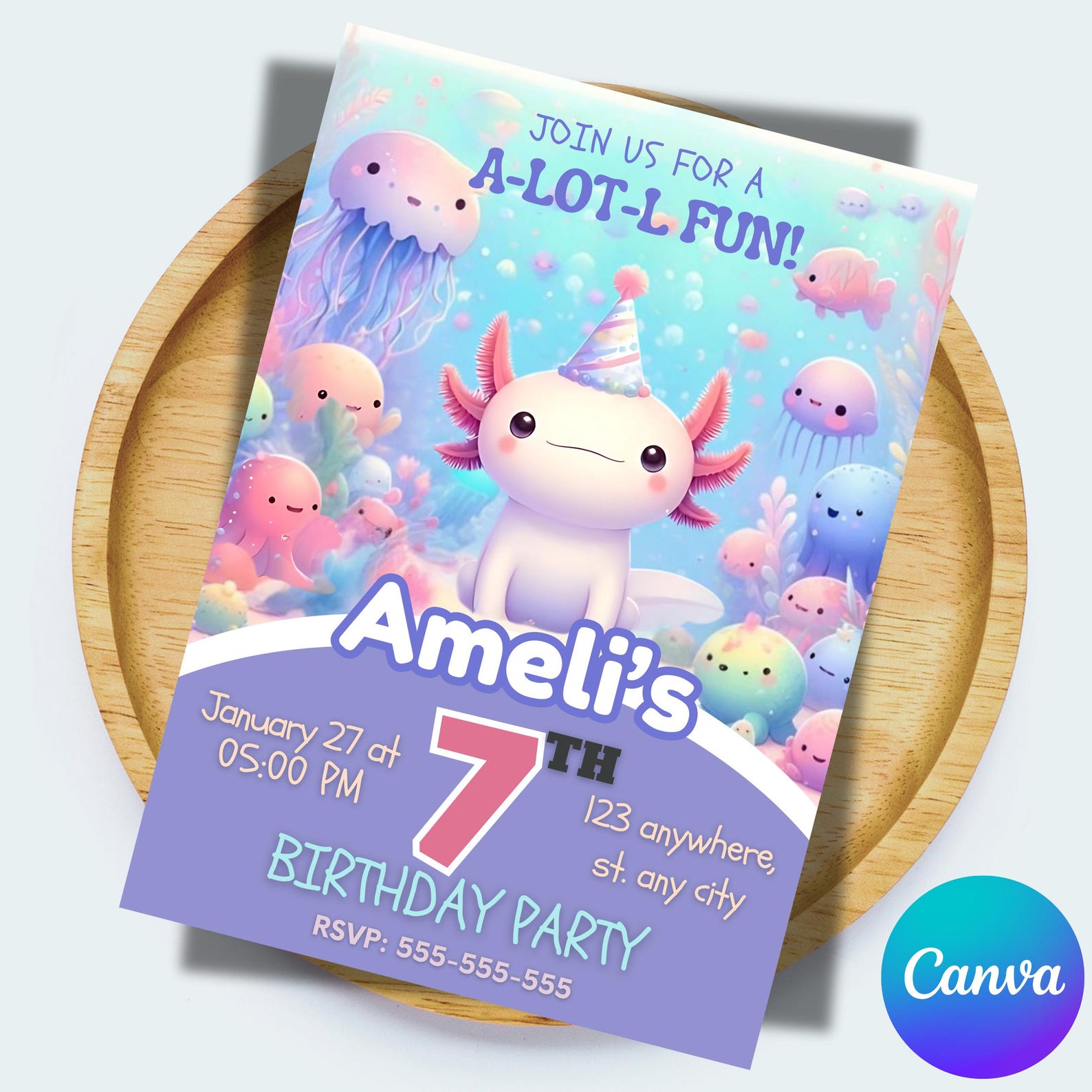 Axolotl Birthday Invitation, Pink Girl Axolotls Invite, Editable ...