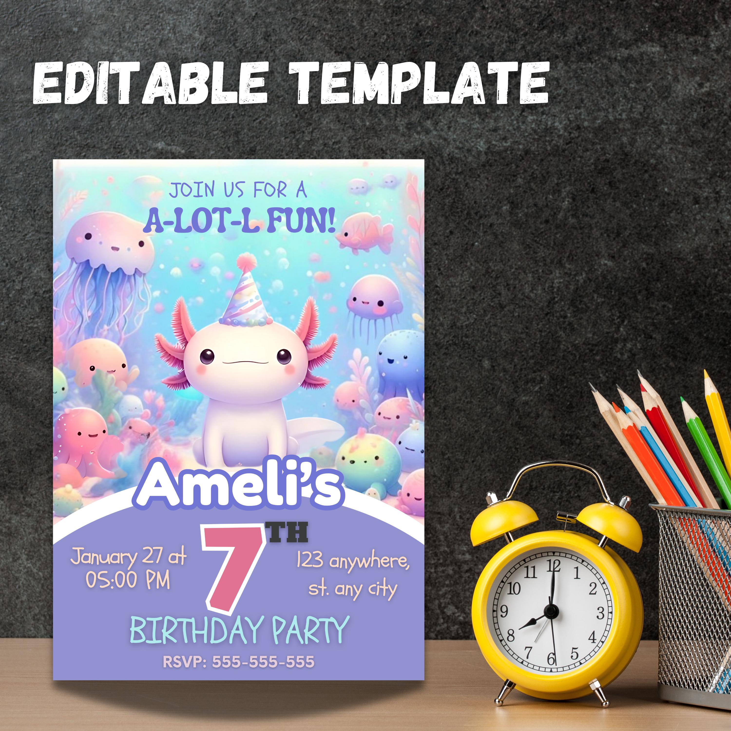 Axolotl Birthday Invitation, Pink Girl Axolotls Invite, Editable ...