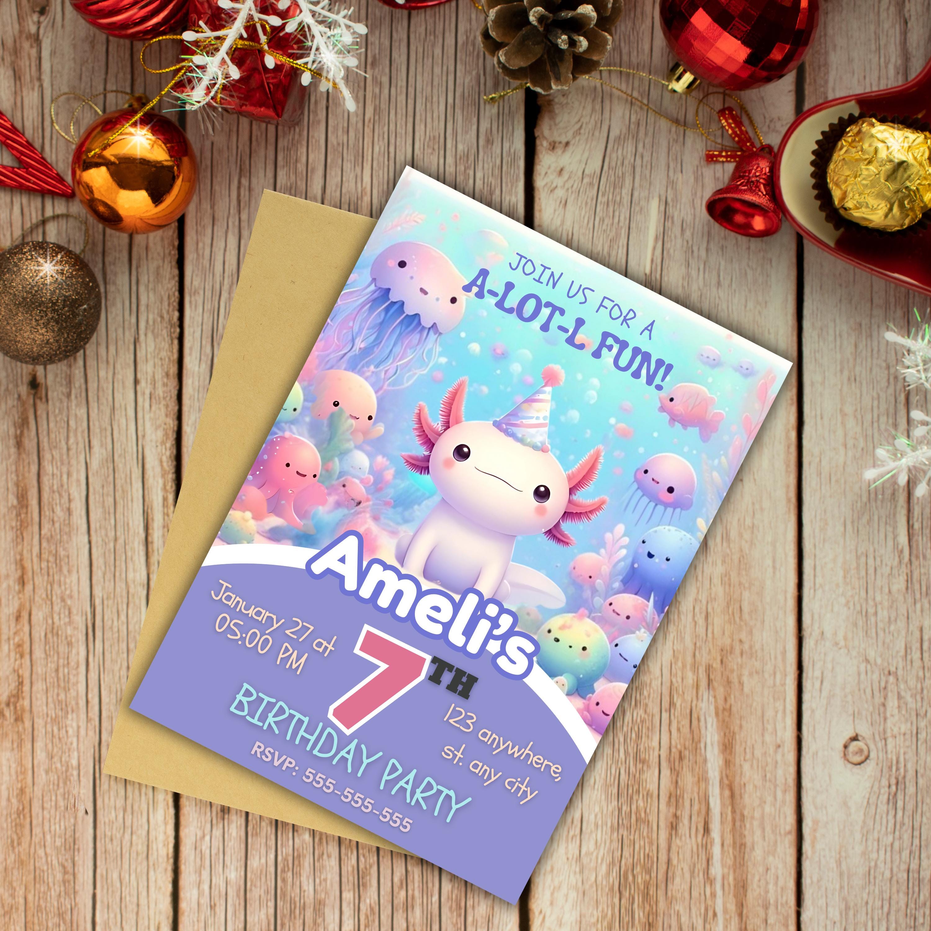 Axolotl Birthday Invitation, Pink Girl Axolotls Invite, Editable ...