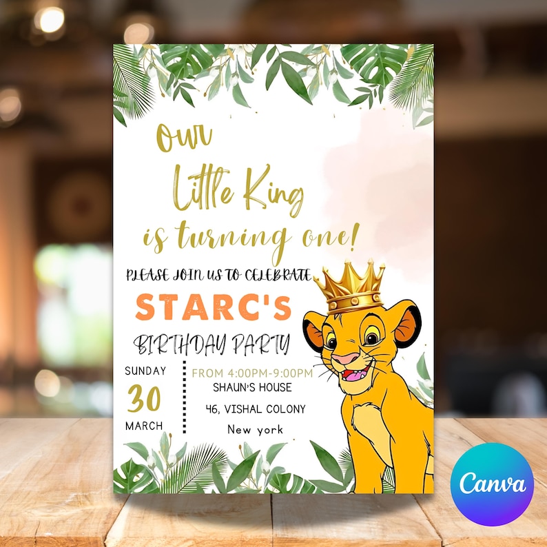 Lion King Birthday Invitation: Simba Watercolor Theme (editable Canva ...