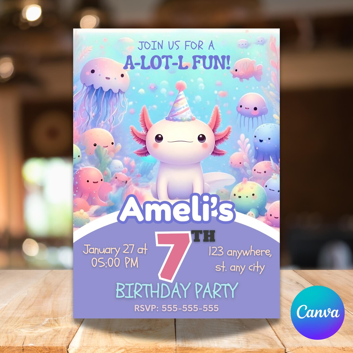 Axolotl Birthday Invitation, Pink Girl Axolotls Invite, Editable ...