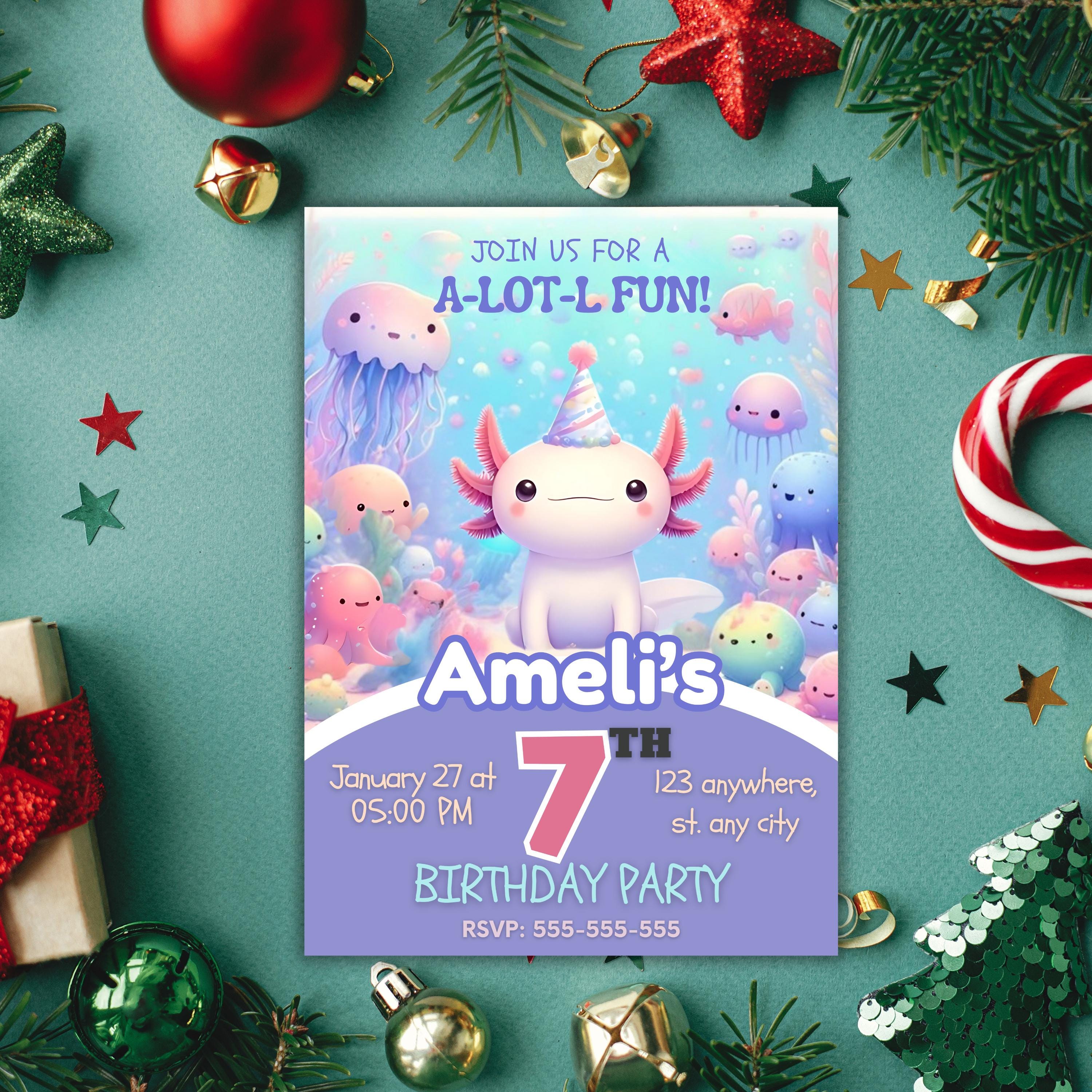 Axolotl Birthday Invitation, Pink Girl Axolotls Invite, Editable ...