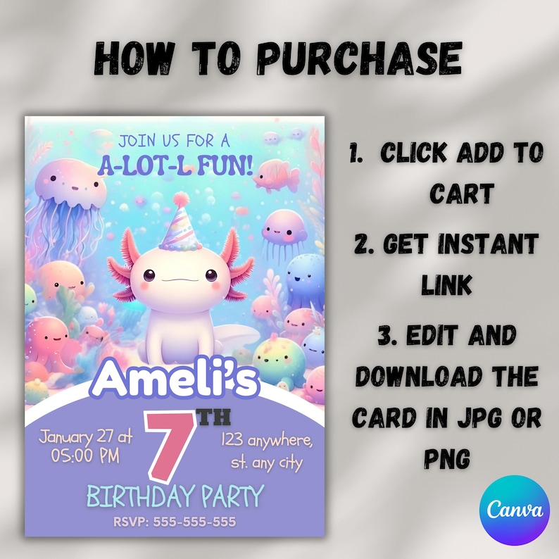 Axolotl Birthday Invitation, Pink Girl Axolotls Invite, Editable ...