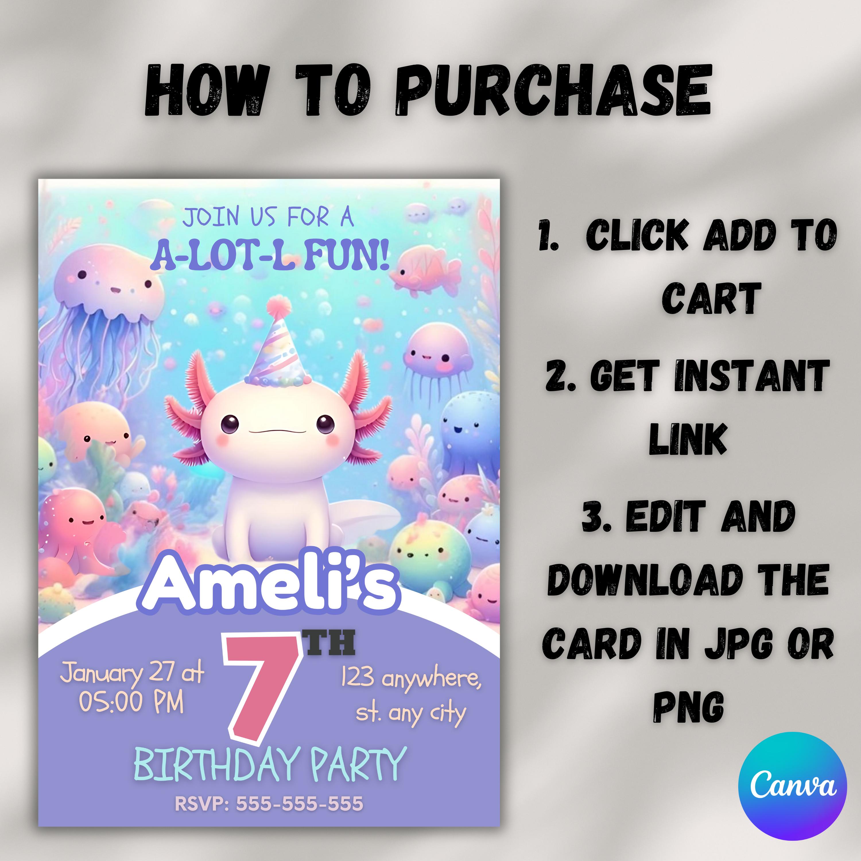 Axolotl Birthday Invitation, Pink Girl Axolotls Invite, Editable ...