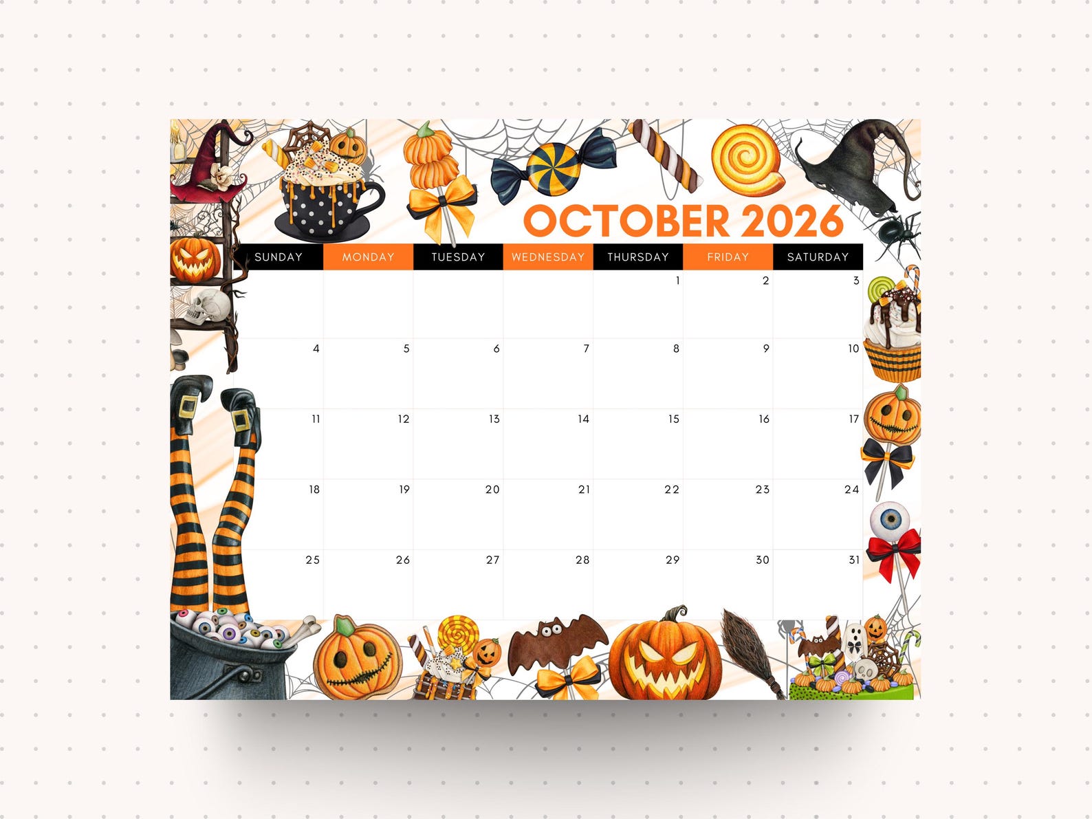 October 2026 Calendar Spooky Halloween Printable Monthly Calendar for ...