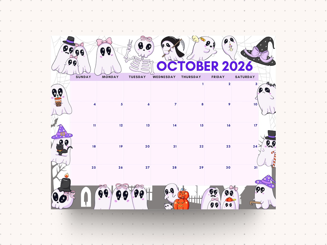October 2026 Calendar Ghost Spooky Halloween Printable Monthly Calendar ...