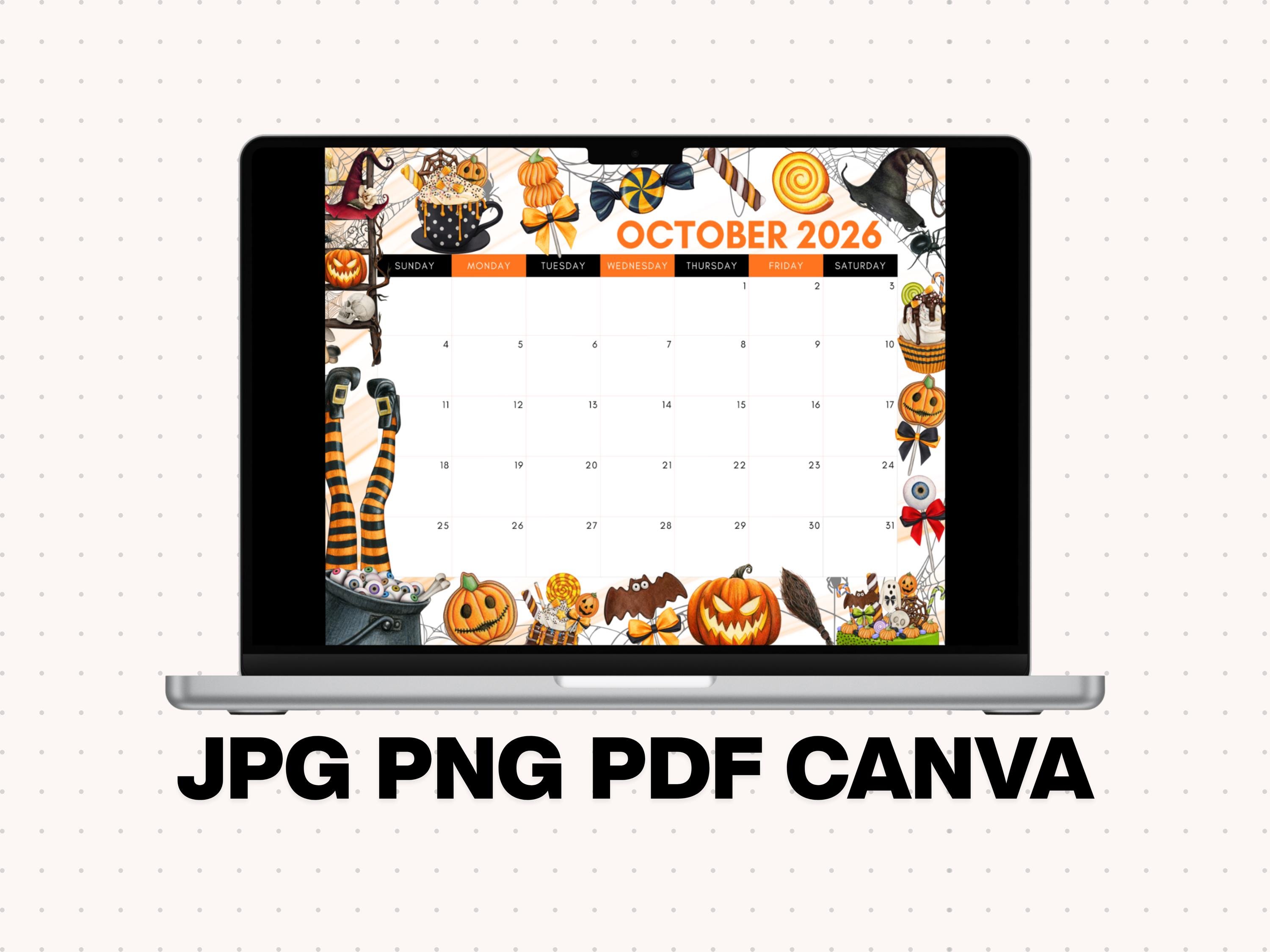 October 2026 Calendar Spooky Halloween Printable Monthly Calendar for ...