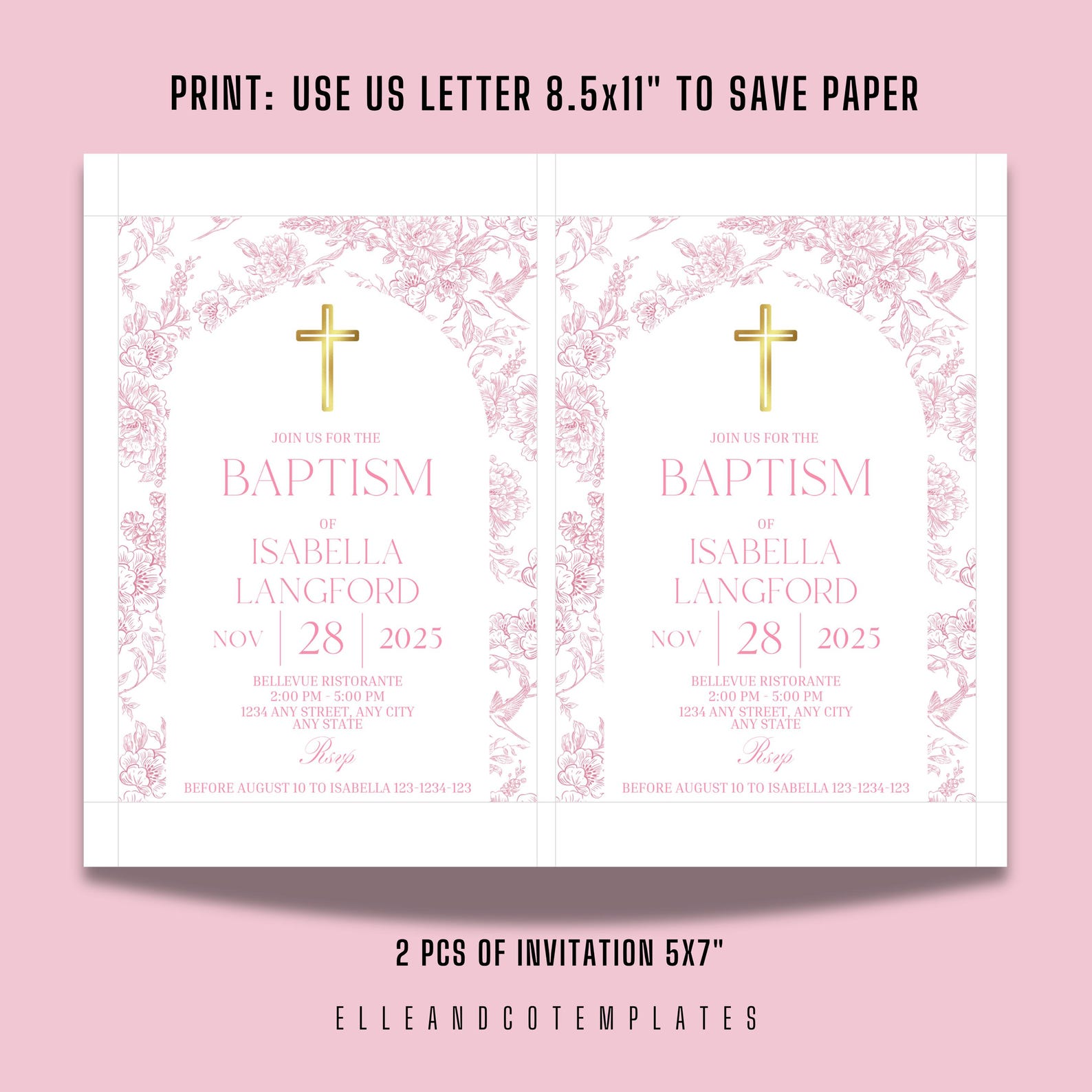 Girl Baptism Card Girl Toile Baptism Invite Girl Christening Invitation ...