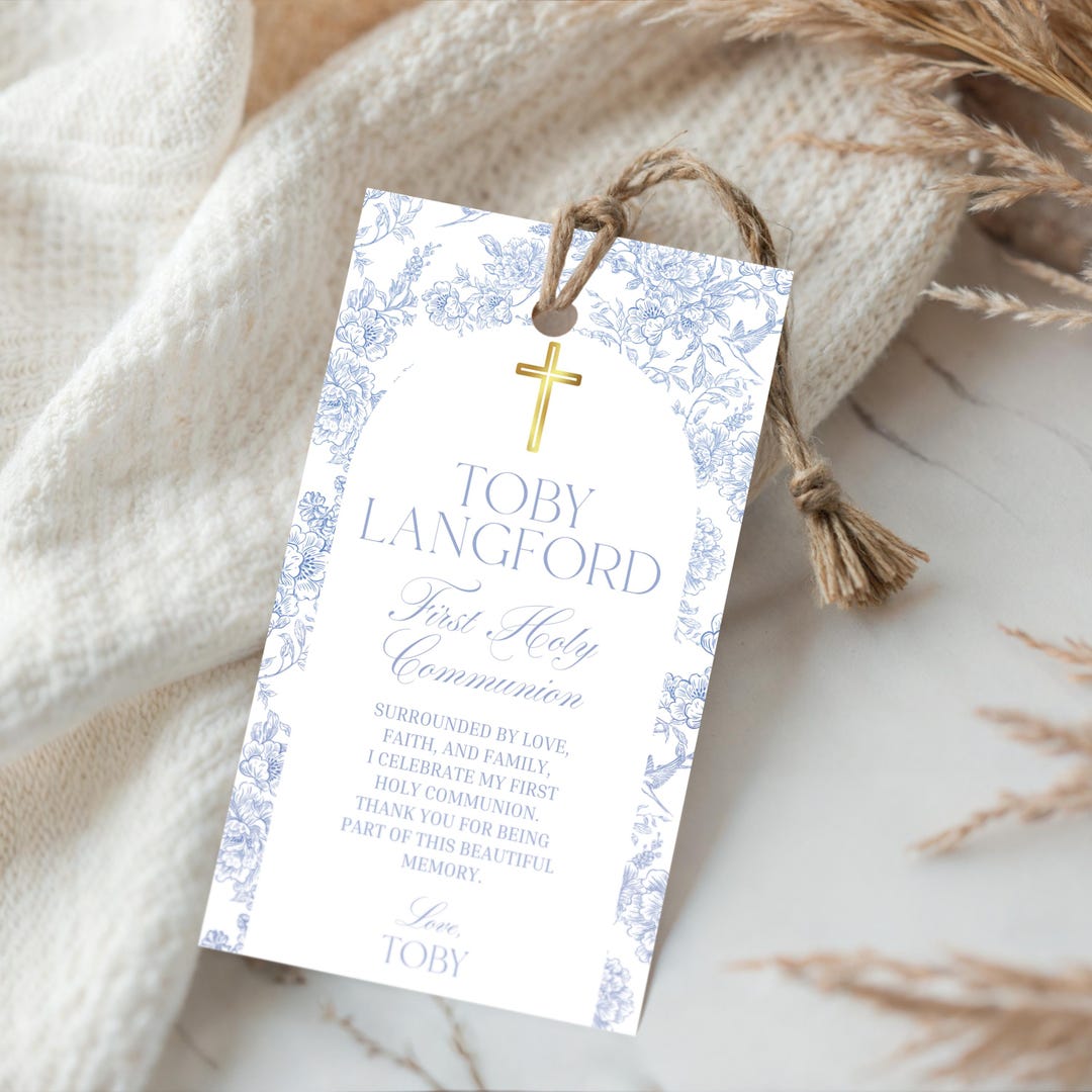 First Communion Favor Tags Toile De Jouy Boys First Holy Communion ...