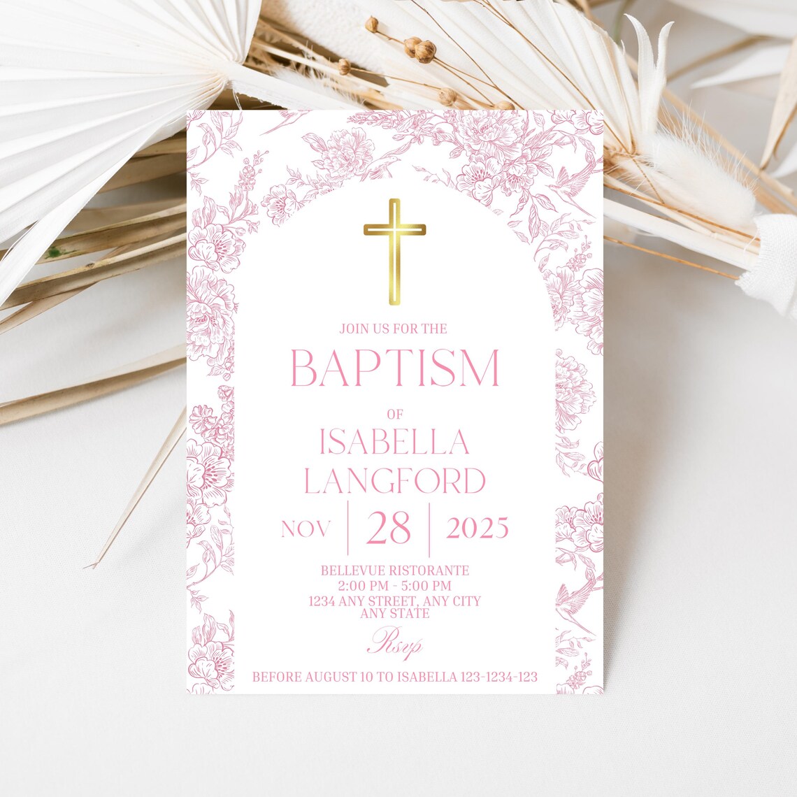 Girl Baptism Card Girl Toile Baptism Invite Girl Christening Invitation ...