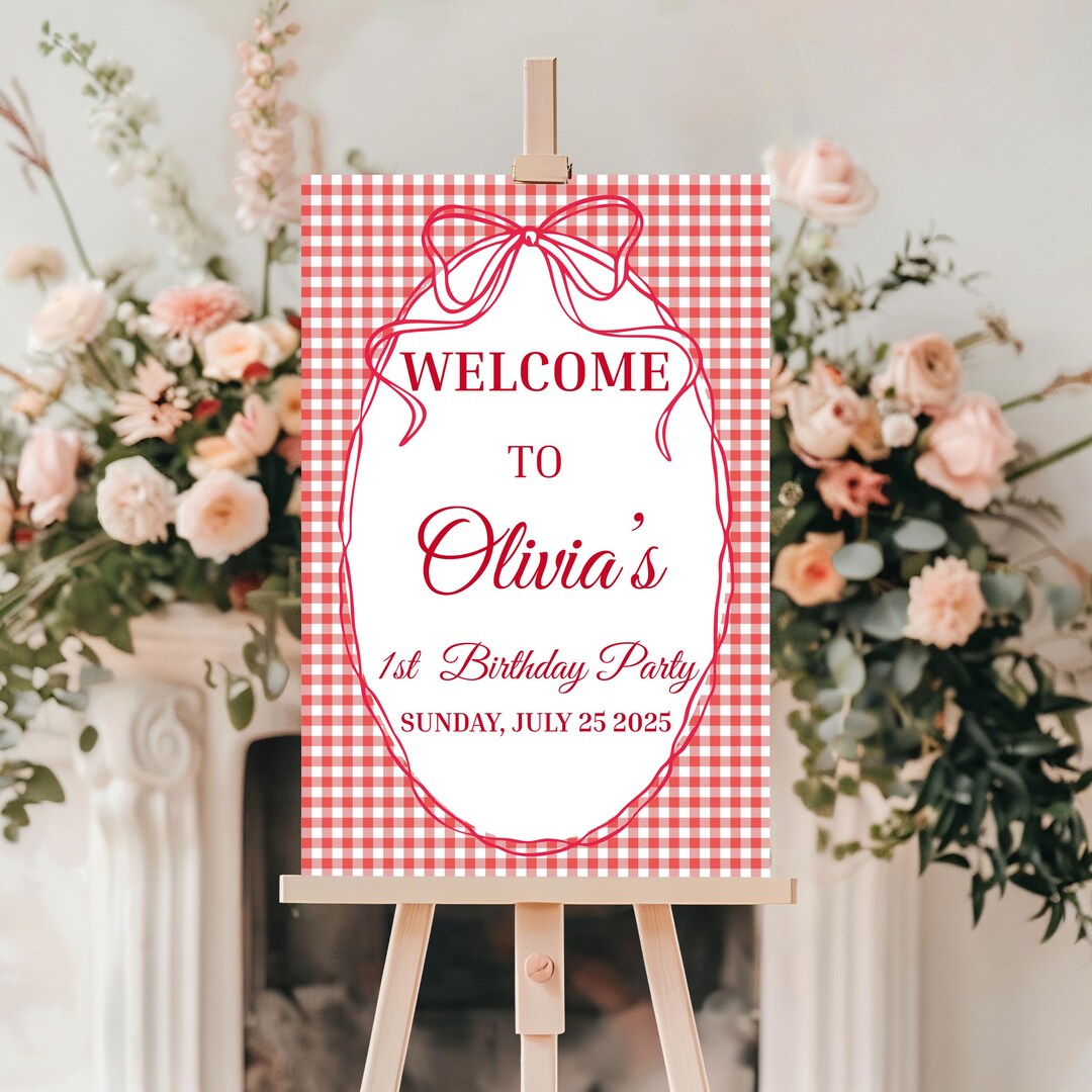 Red Bow Gingham Welcome Sign Template Wavy Ribbon Gingham Sign Elegant ...