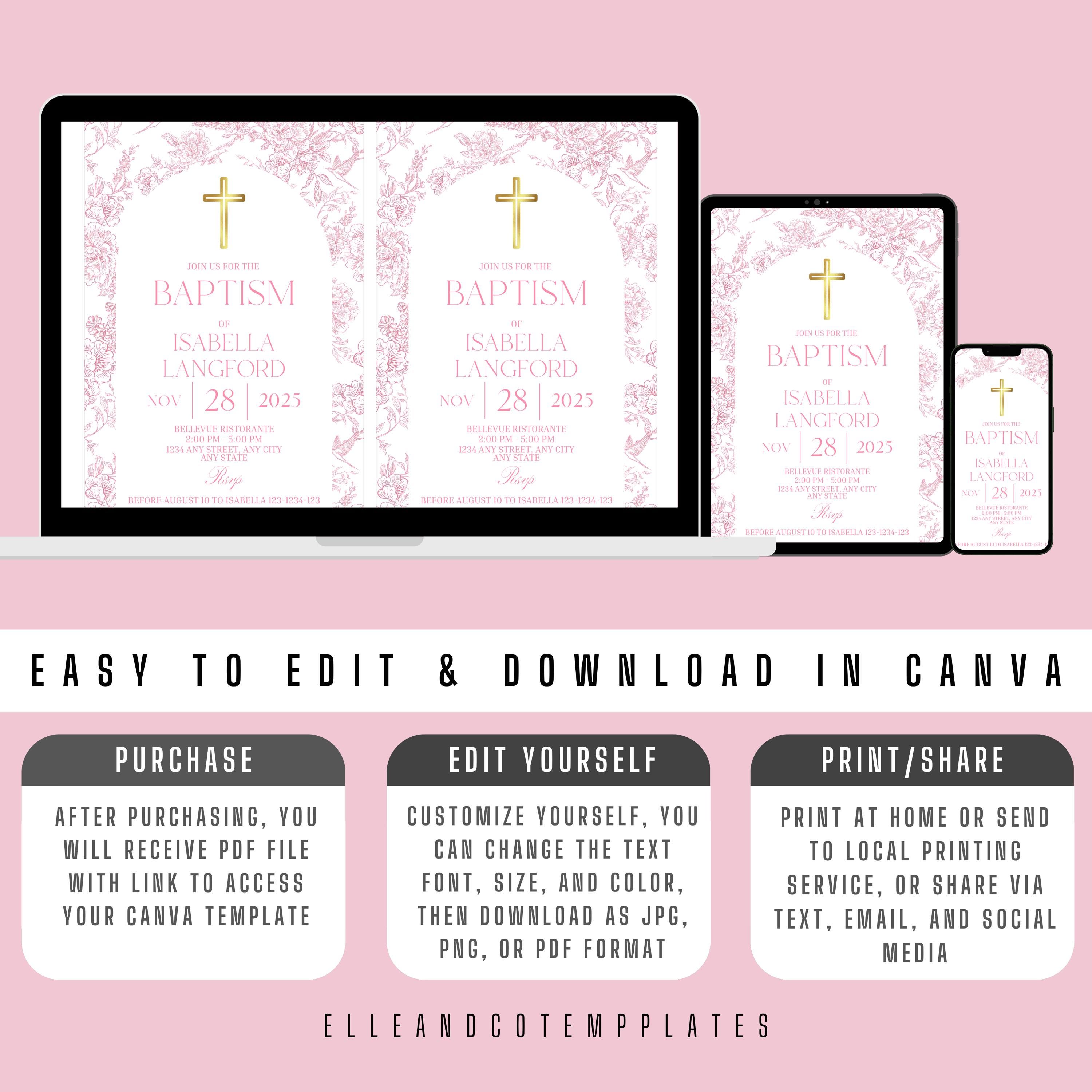 Girl Baptism Card Girl Toile Baptism Invite Girl Christening Invitation ...