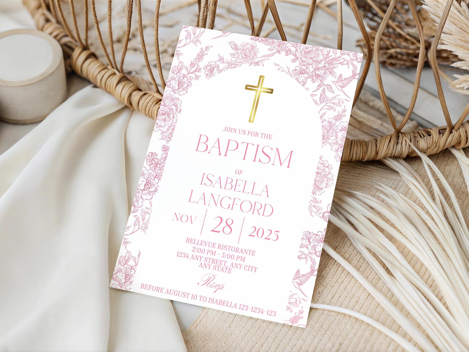 Girl Baptism Card Girl Toile Baptism Invite Girl Christening Invitation ...