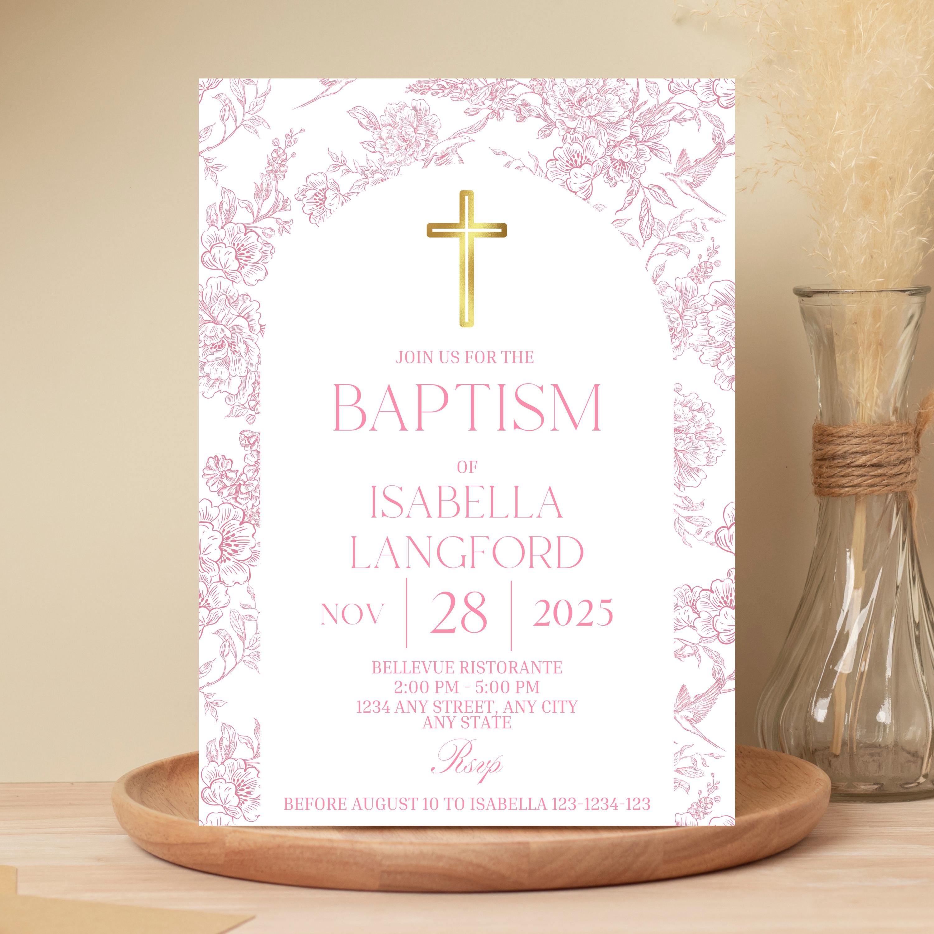 Girl Baptism Card Girl Toile Baptism Invite Girl Christening Invitation ...