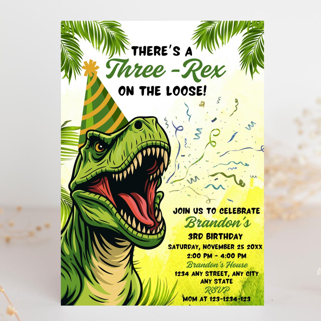 Three Rex Birthday Invitation Third Birthday Party for Boys Dinosaur ...