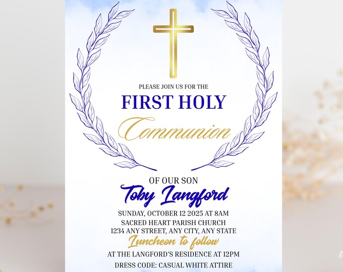 Blue Holy Communion Invitation Template, First Holy Communion Invite ...