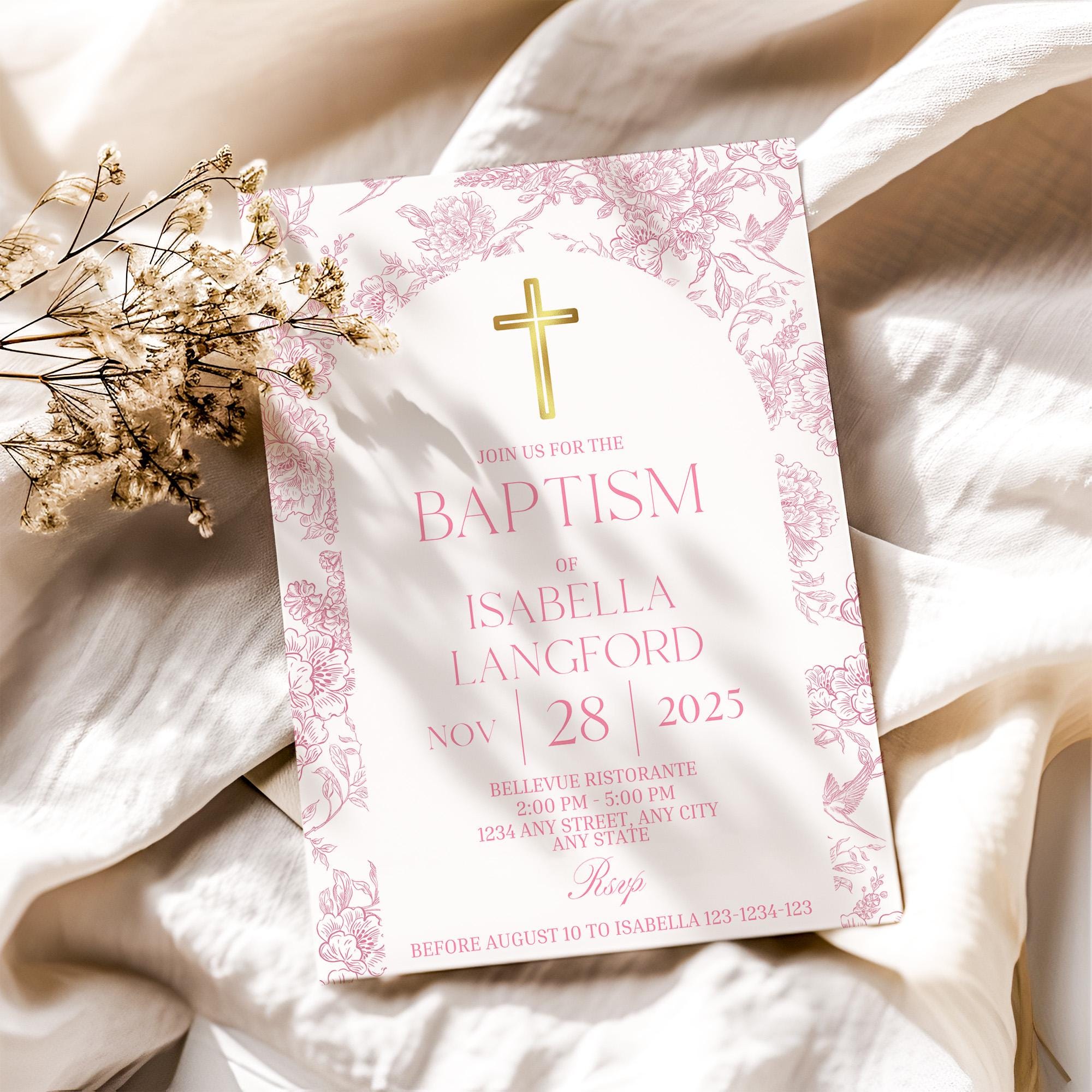 Girl Baptism Card Girl Toile Baptism Invite Girl Christening Invitation ...